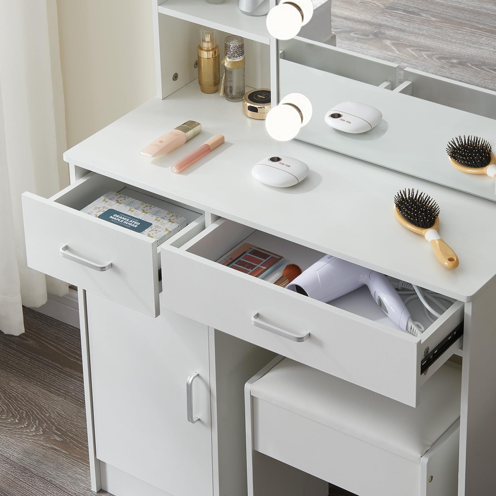 Lucaseone White Vanity Desk with Mirror and Lights,Makeup Vanity with Drawers and Storage Shelf, Vanity Table 3 Lighting Modes Brightness Adjustable for Bedroom (Modern 3071)