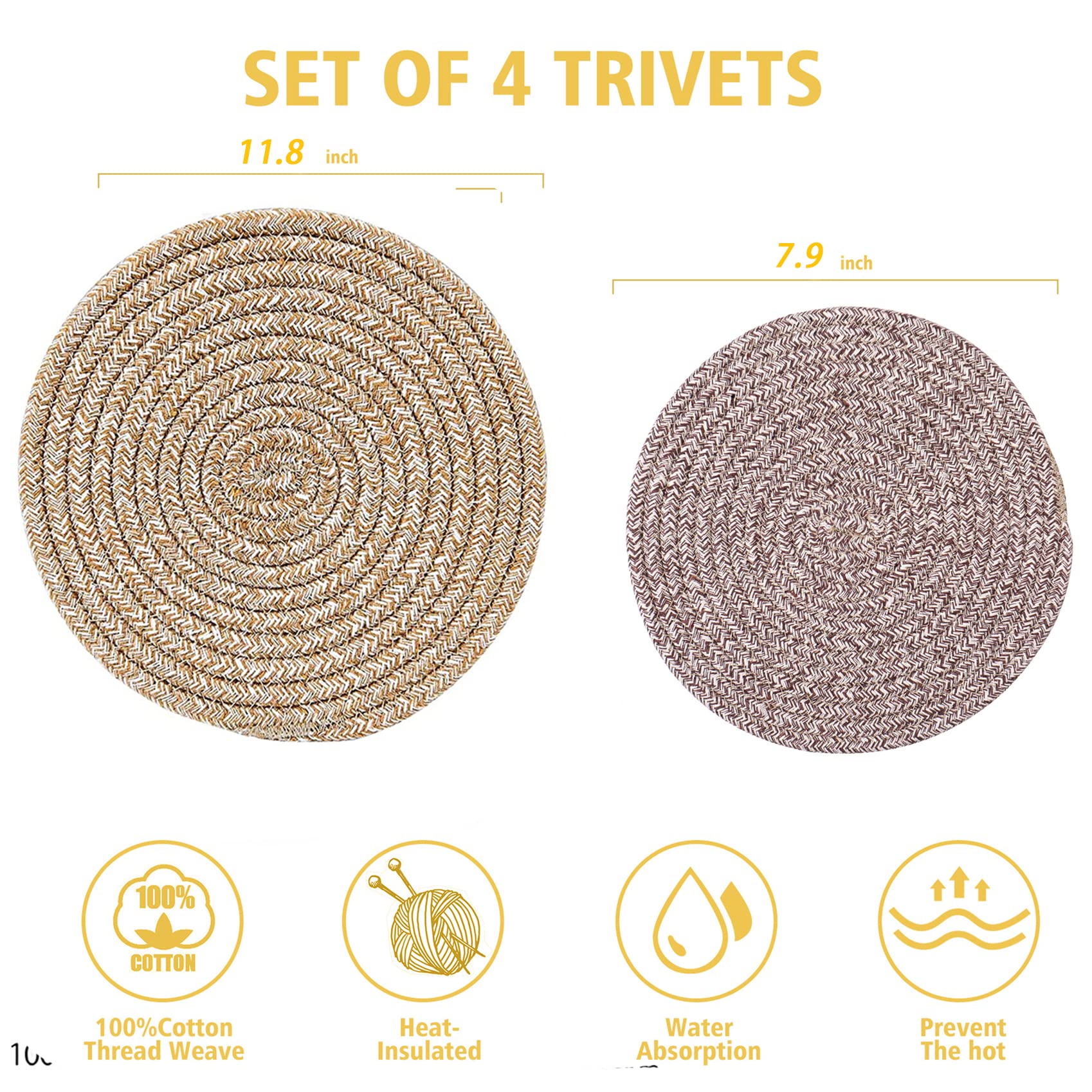 Trivet Round Hot Pads 4pcs 7.9 Inches*9.5inches Diameter 100% Eco Pure Cotton Thread Weave Trivets for Hot Pots and Pans/Kitchen Trivets for Hot Dishes Hot Pot Holders