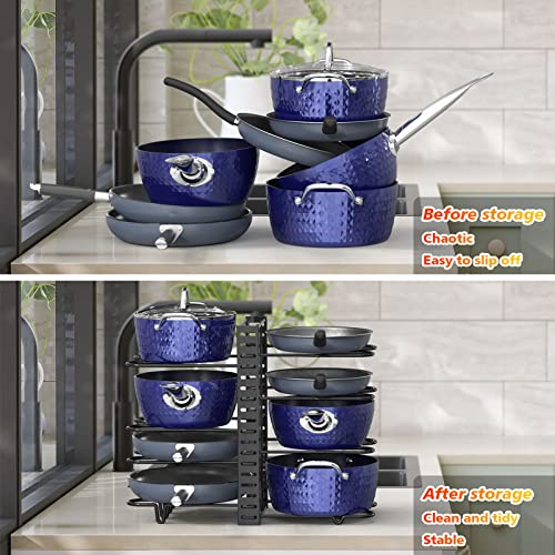 RAINBEAN Pot and pan organizer, Pot Lid Holders & Pan Rack, Multiple DIY methods 8 tier pot racks, adjustable kitchen organization and storage for pots and pans.