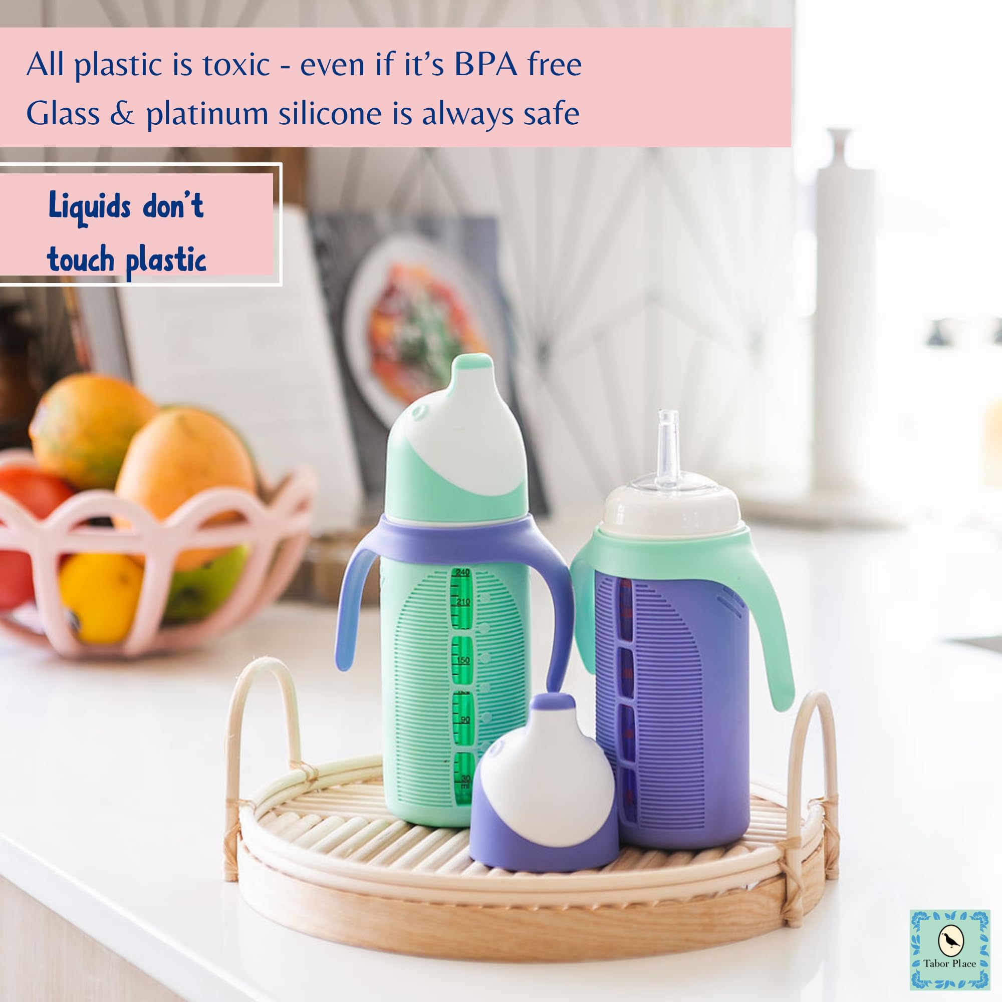 Set of 2 - Glass Sippy Cup for Toddlers - The Luca | Mint Green & Indigo Purple | Spill-Proof | Silicone Straw | 8 oz | Liquids Never Touch Plastic | Removable Handles…