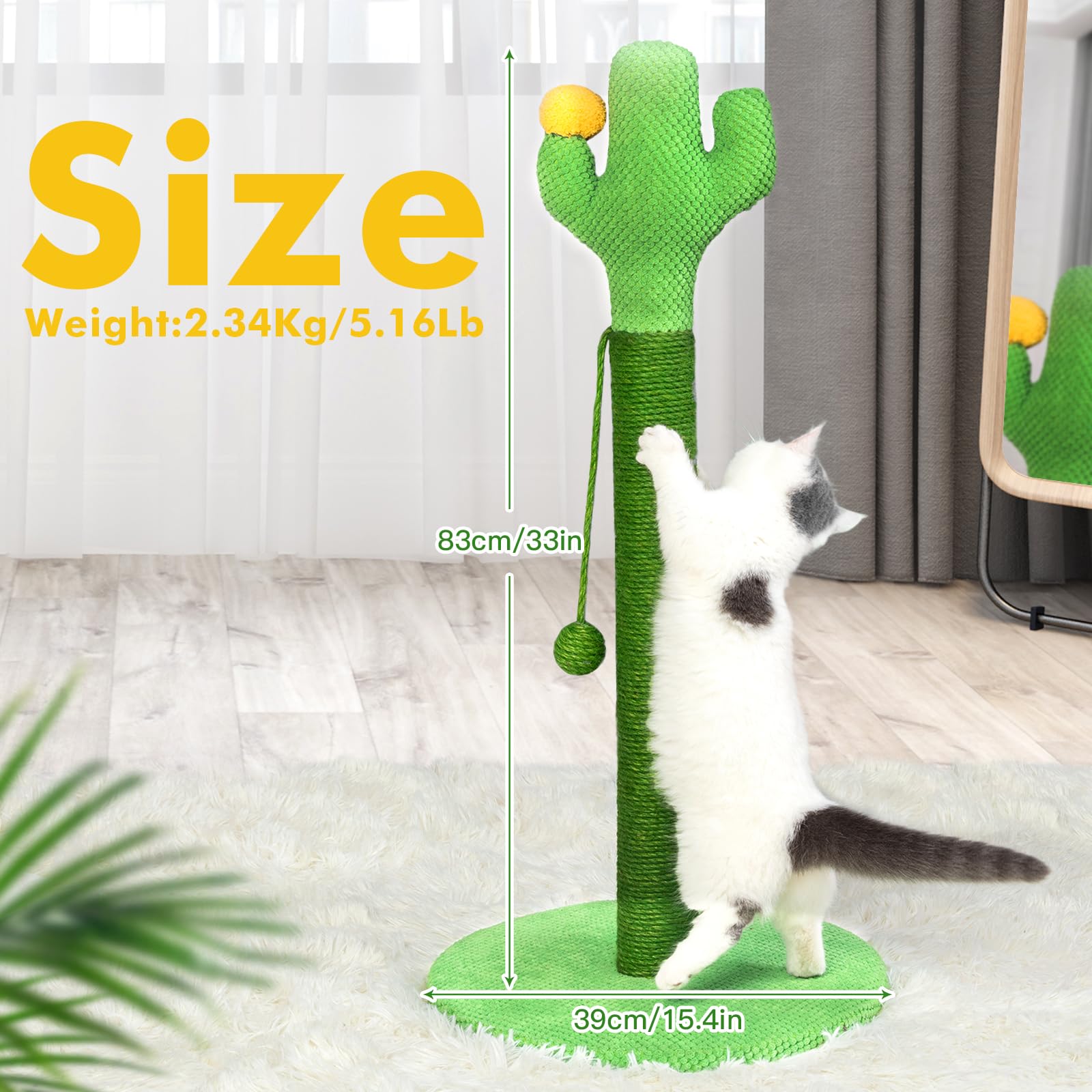 Mora Pets Cat Scratching Post Sisal Cat Scratcher for Large Cats 33 Inch Tall Scratch Post with Dangling Ball Cactus Cat Post for Indoor Kittens