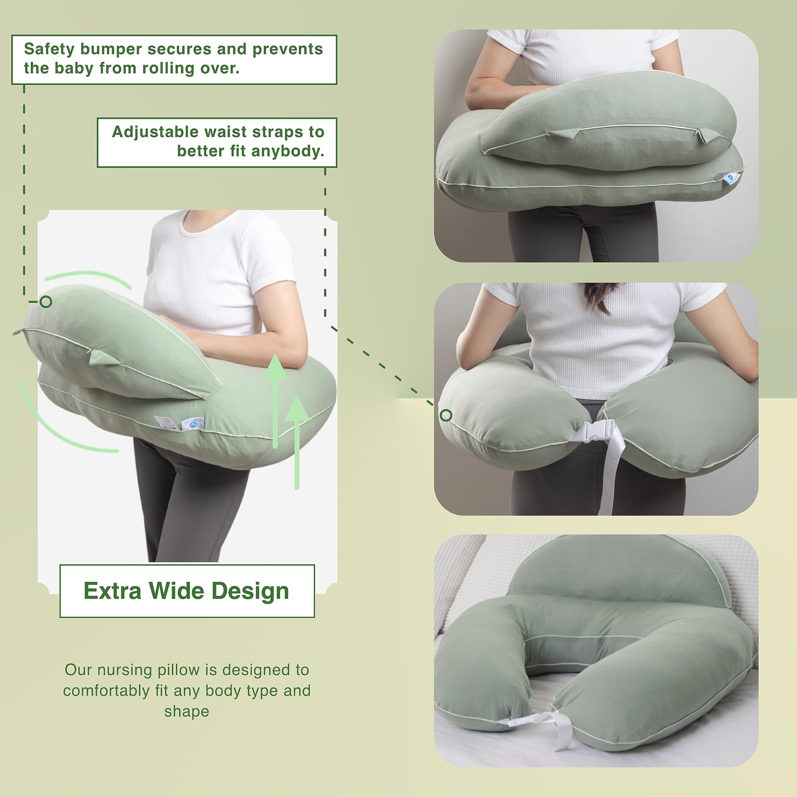 Pharmedoc Nursing Pillow for Breastfeeding - Breast Feeding Pillows with Safety Bumper and Adjustable Waist Straps - Removable Cover, Sage - Baby Essentials for Newborn - Full Support for Mom and Baby