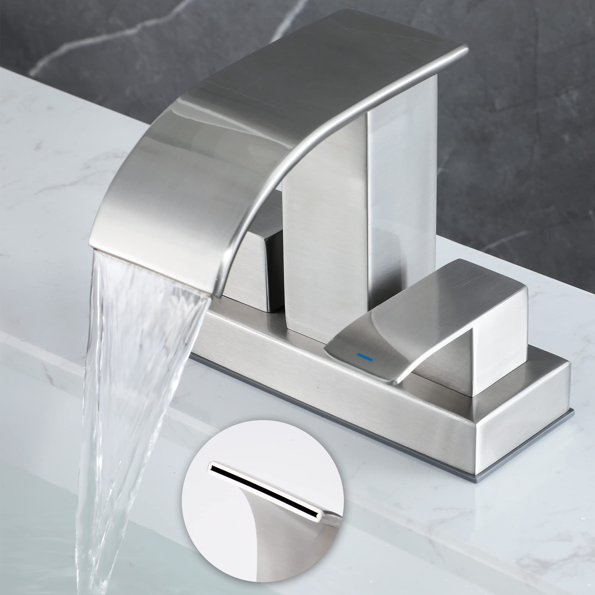 Waterfall Bathroom Sink Faucet - 2 Handle 4 Inch Centerset Faucet for Lavatory Bathroom Sink, with cUPC Faucet Supply Line Hoses for Bathroom Restroom Vanity Lavatory, Brushed Nickel