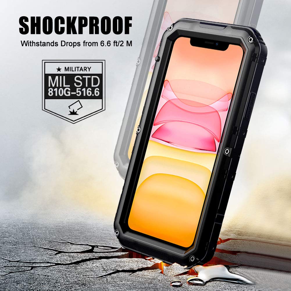 Mitywah Waterproof Case for iPhone 11, Heavy Duty Durable Metal Full Body Protective Case Built-in Screen Protection Waterproof Shockproof Dustproof Rugged Military Grade Defender, Black