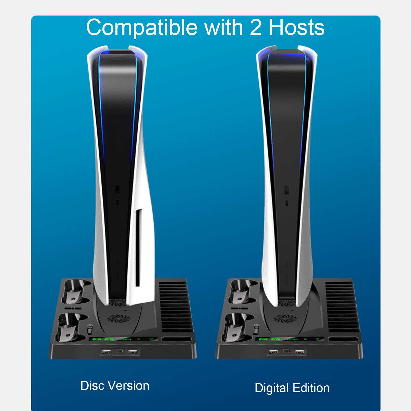 Vertical Cooling Fan Stand for PS5 Console, Digital Editions Dual Controllers Charger, 2 Silent Cooling Fans, Retractable Game Storage Slots, for Playstation 5