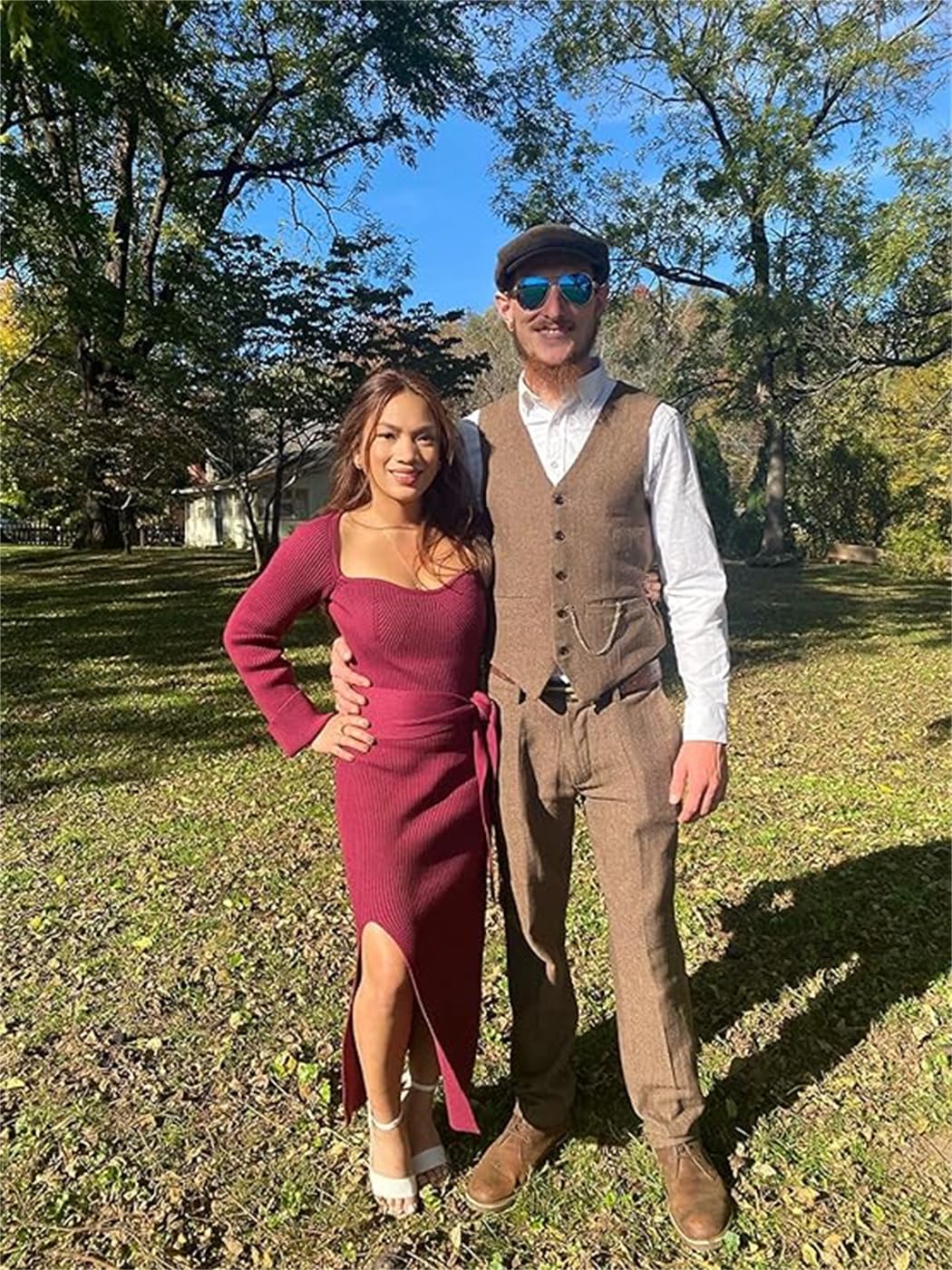 Mens Vintage Herringbone Tweed Mens Business Suit Pants Thick Retro Wool Slim Fit Trousers for Wedding Groomsmen(Brown,30)