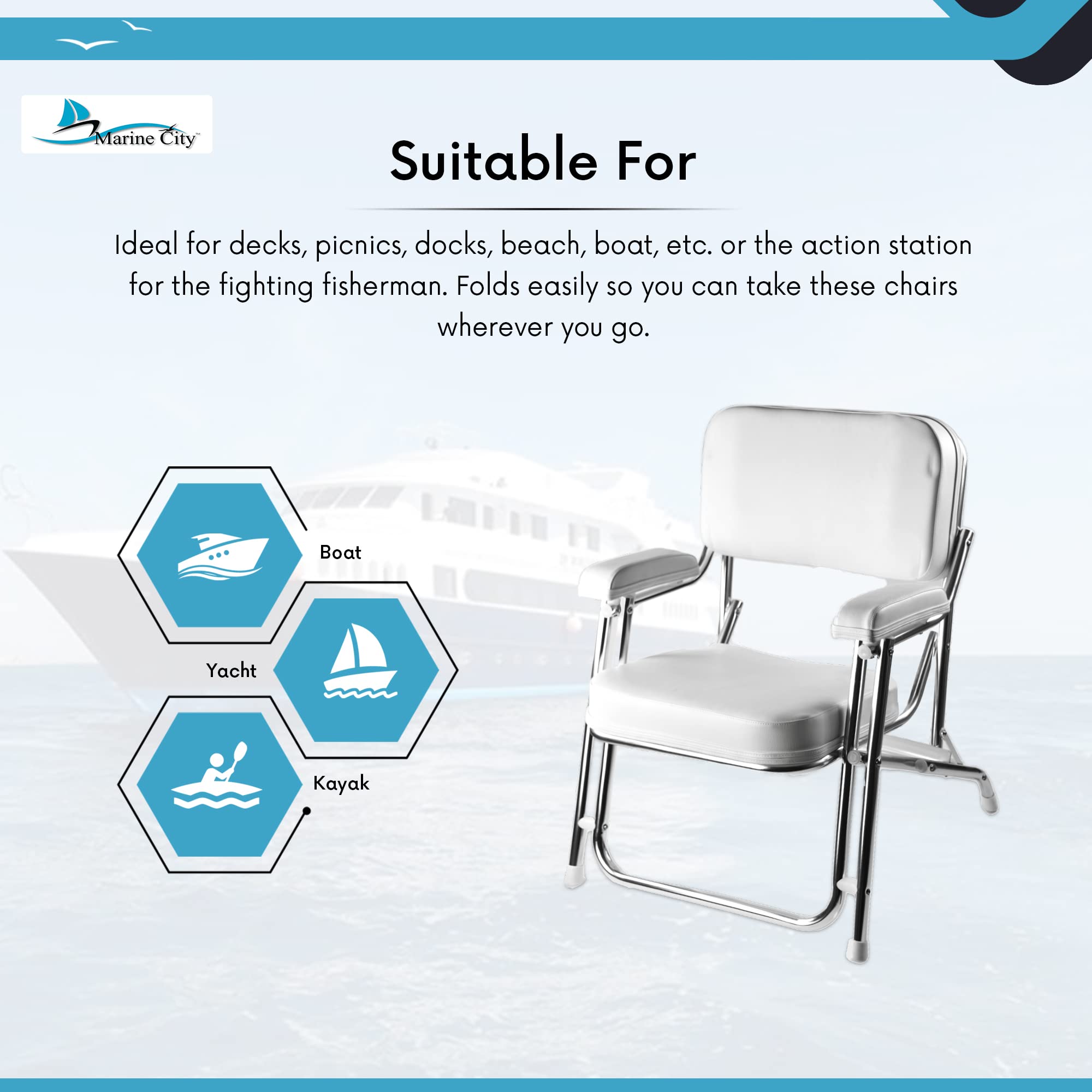 MARINE CITY Aluminum Portable Folding Cushioned Comfortable Boat Deck Beach Chair with Foam Padding for Marines β Boats β Yachts β Ships (Pack of 1)