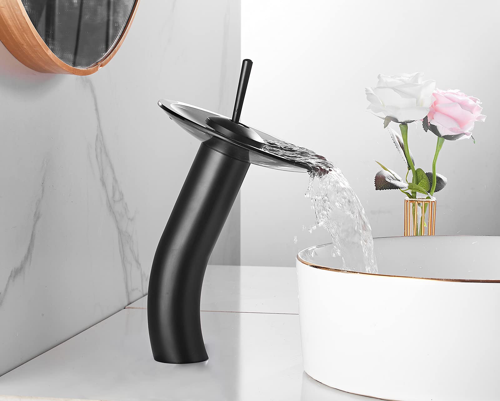 Waterfall Black Bathroom Vessel Faucet Glass Spout 360° Swivel Single Handle One Hole Solid Brass Bowl Faucet Bath Lavatory Vessel Sink Vanity Faucet Tall Body for Above Counter Sink