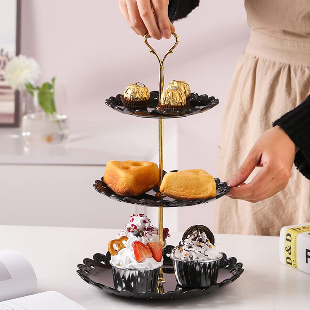 Set of 5 Party Cupcake Stand Includes 2 Pcs 3 Tier Cake Stand + 3 Rectangle Plastic Serving Trays for Wedding Birthday Baby Shower Tea Party (Black)