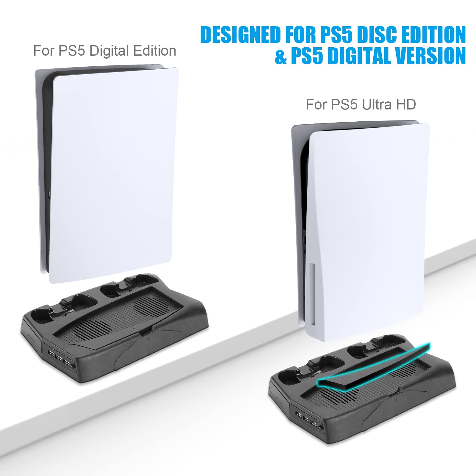 Vertical Stand for Playstation 5 with Cooling Fan Charing Station for PS5 Digital Edition/PS5 Ultra HD,Multi-Function Charger Station with 2 Controller Charging Docks