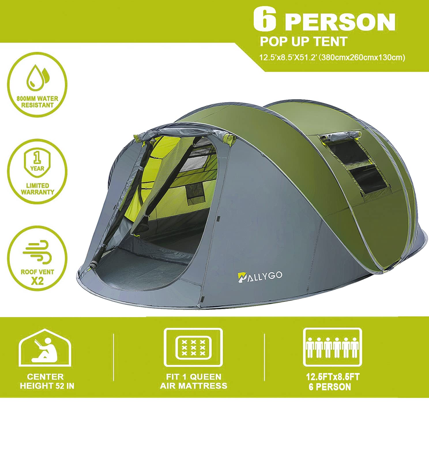 PALLYGO Easy Pop Up Tent 6 Person Tents for Camping Traveling Double Layer Waterproof Instant Family Camping Tents