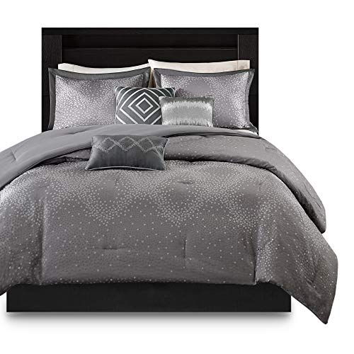 Madison Park Cozy Comforter Set - Trendy Design, All Season Down Alternative Luxury Bedding with Matching Shams, Decorative Pillows, Quinn, Sequins Jacquard Grey King(104"x92") 7 Piece