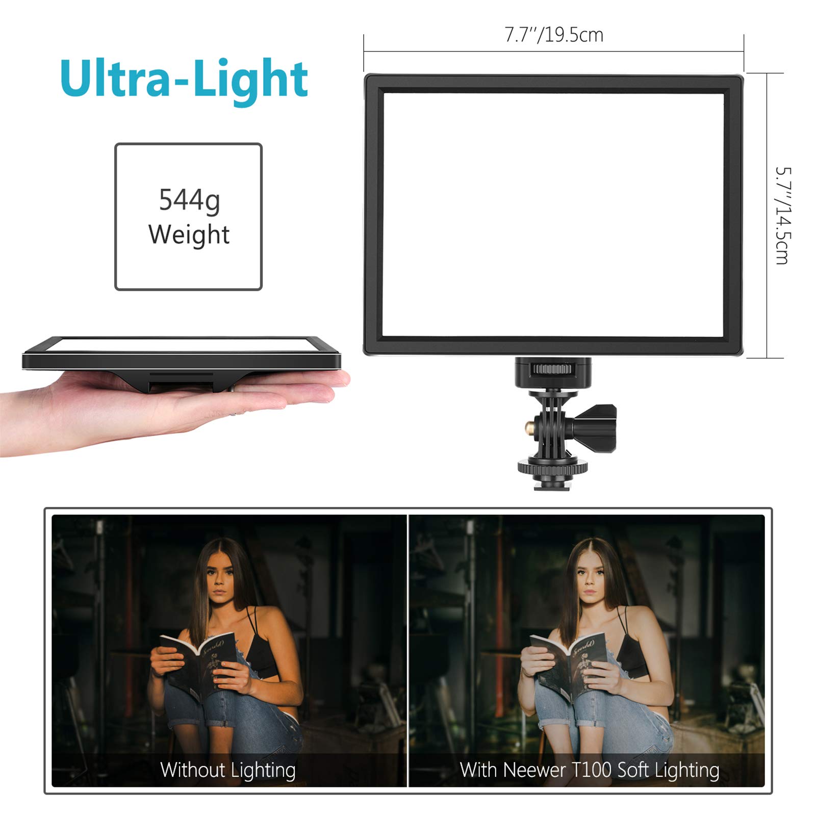 Neewer Camera LED Video Light - SMD LED Light Panel for Softer Lighting Photography, 3200K to 5600K Variable Color Temperature and Dimmable Light, Ultra Thin, T100 (Battery NOT Included)