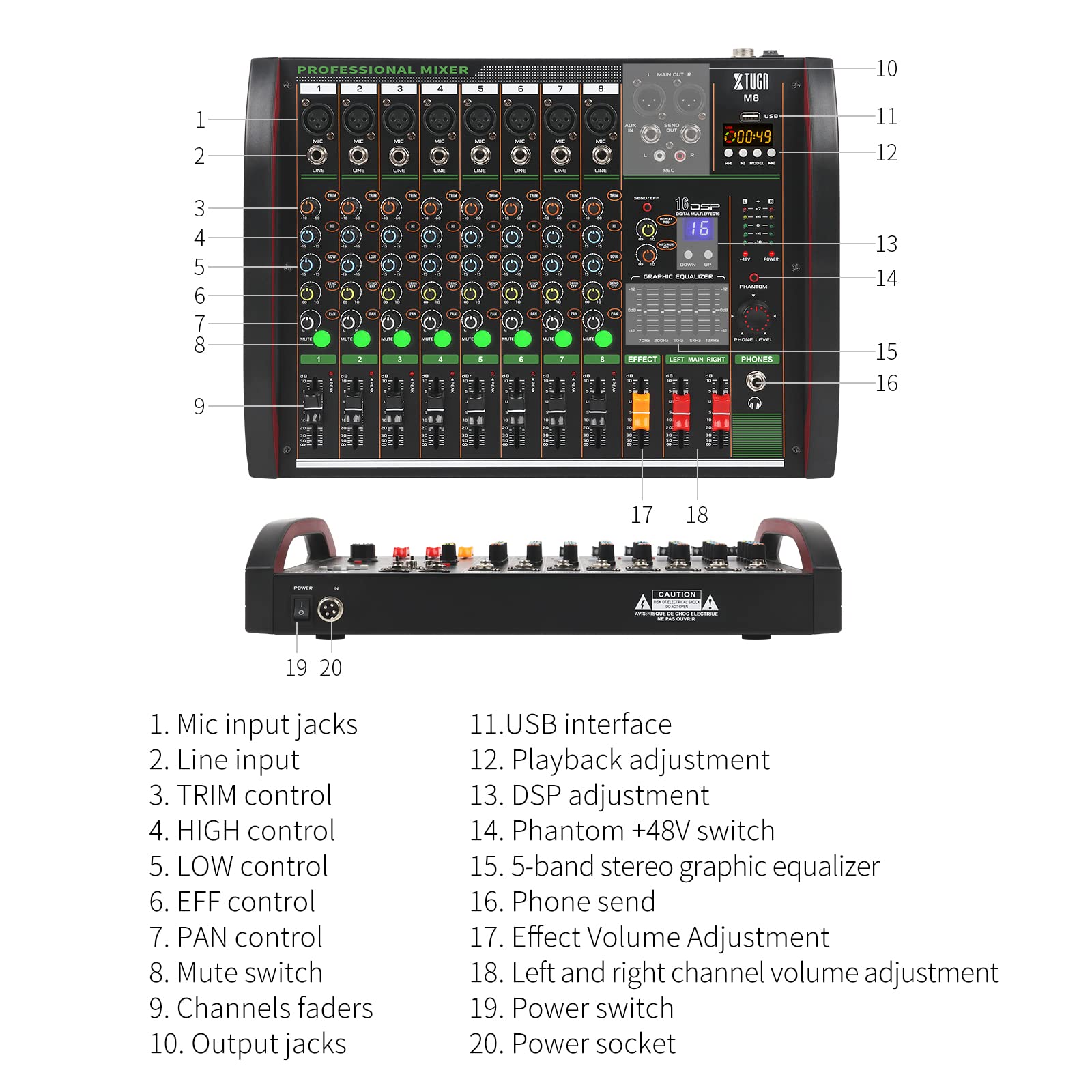XTUGA M8 Professional 8 Channel Audio mixer Console with 16DSP,MP3 Player,+48V Phantom Power,USB,Bluetooth,Reverb,5 Band EQ for stage for Studio/DJ Stage/Party