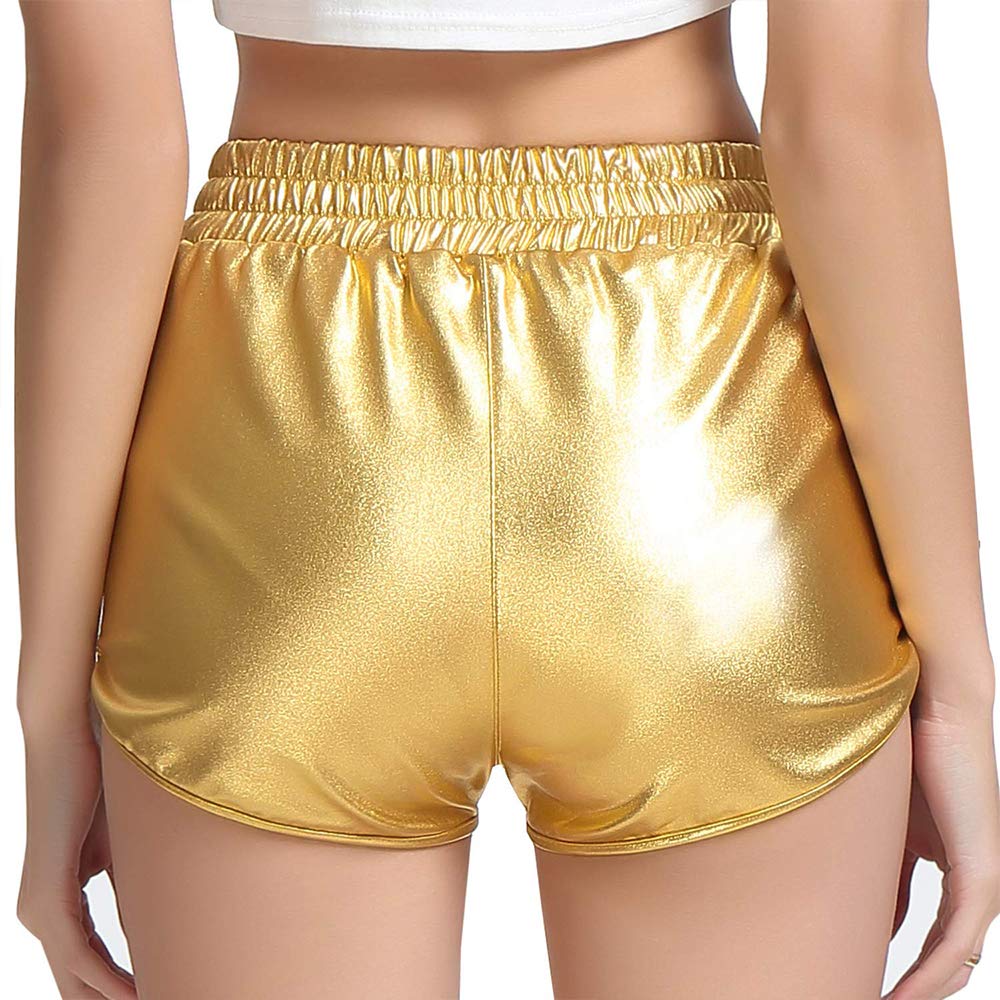 MAKARTHY Women's Metallic Shorts Elastic Waist Shiny Sparkly Rave Pants (Gold, Large)