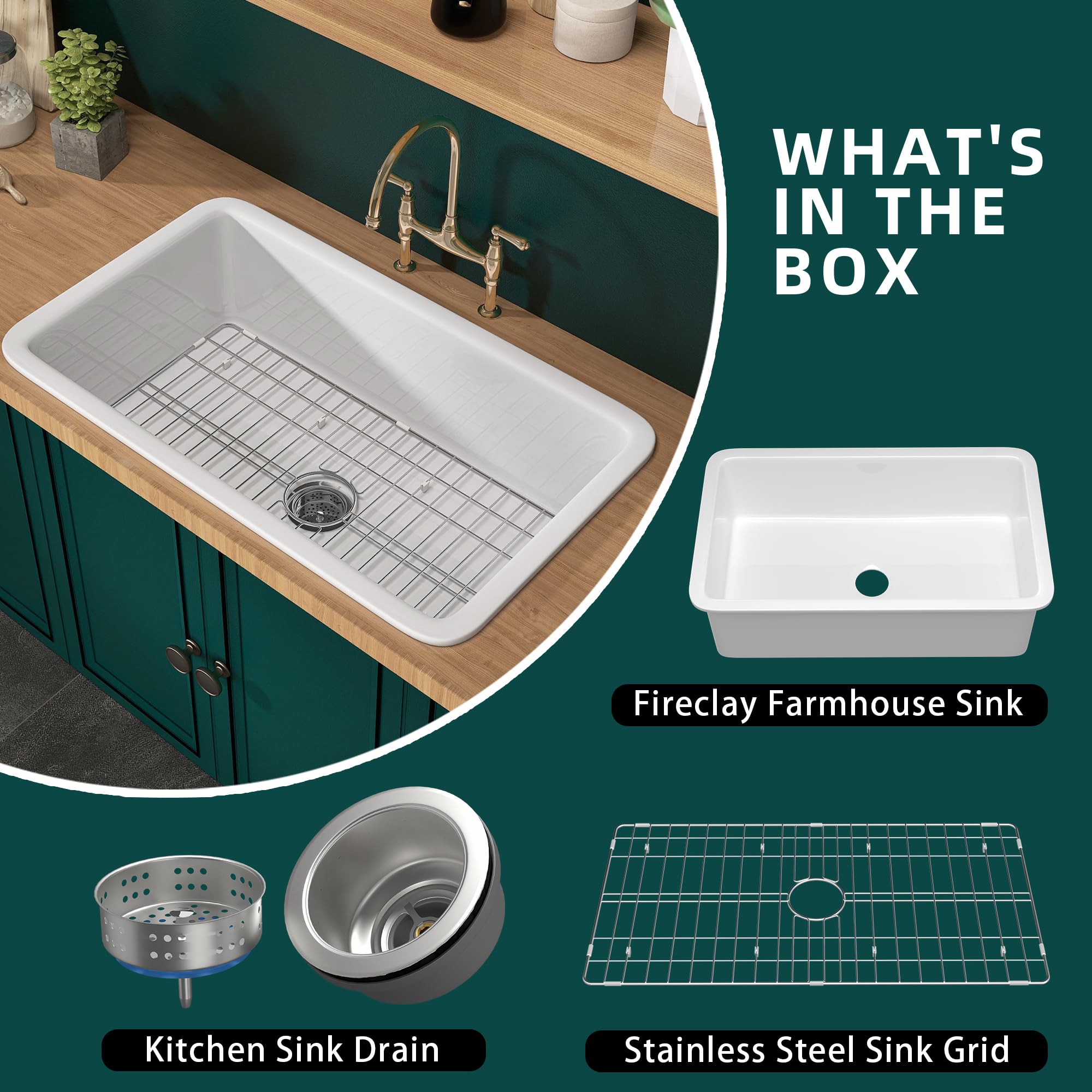 Miuara White Undermount Kitchen Sink 32 Inch - Large Kitchen Sink Drop In 32"x19", 9" Deep Dual Mount Drop In Kitchen Sink, Topmount Single Bowl Fireclay Sink For Kitchen, with Custom Accessories