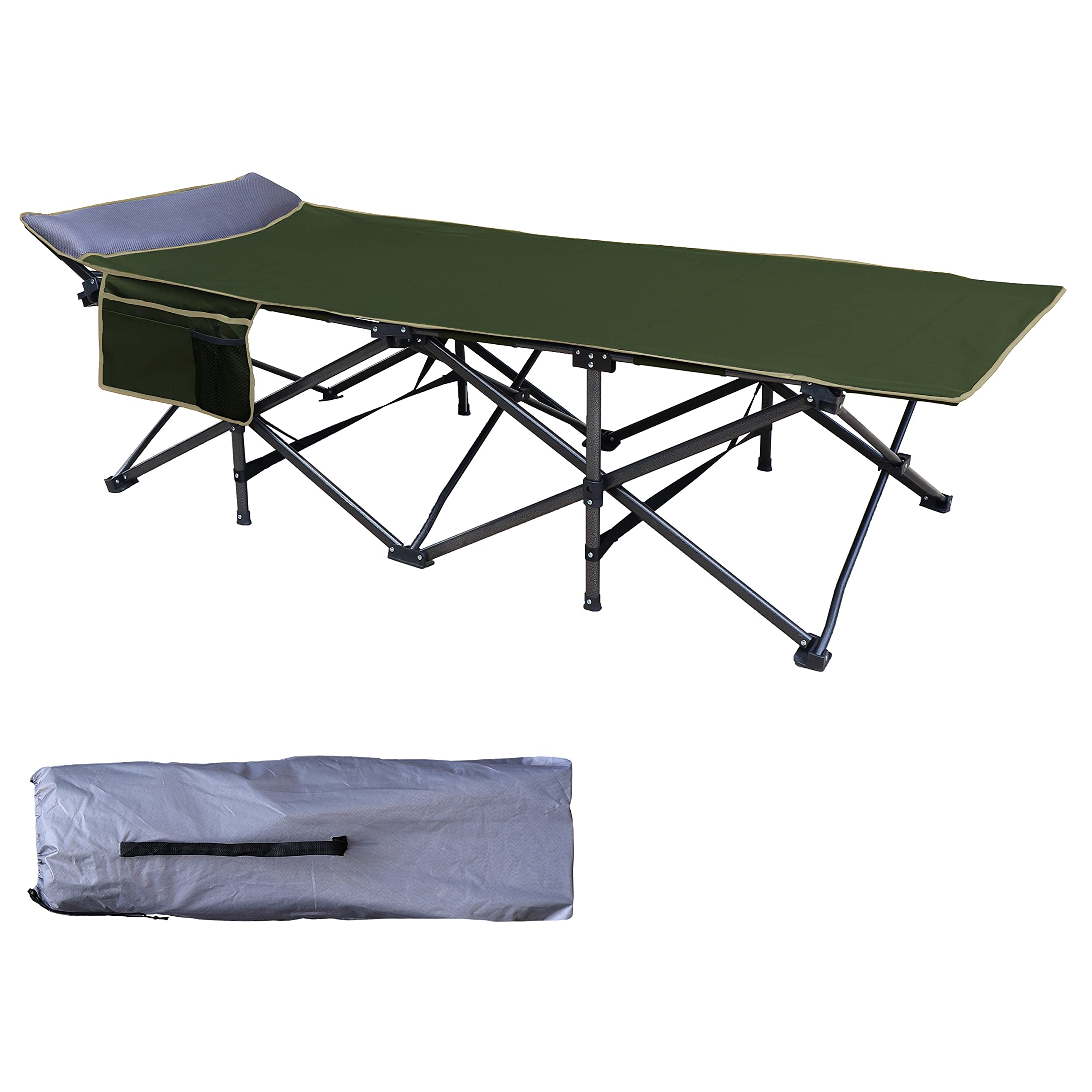 OSAGE RIVER XL Folding Camping Cot with Pocket and Built-in Pillow, Supports up to 440 lbs, Portable Sleeping Bed for Backpacking, Travel, or Camping, Green and Tan