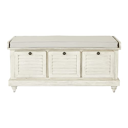OSP Home Furnishings Dover Coastal Lift-Top Storage Bench with Shutter Face Styling and Cushion, White Wash