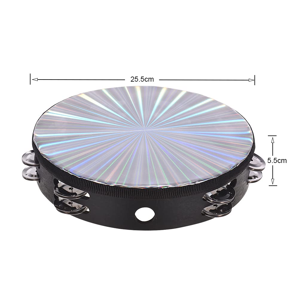 Mowind Tambourine Radiant 10 Inch Hand Held Drum with Double Row Jingles Reflective Drum Musical Instrument for Games KTV Party