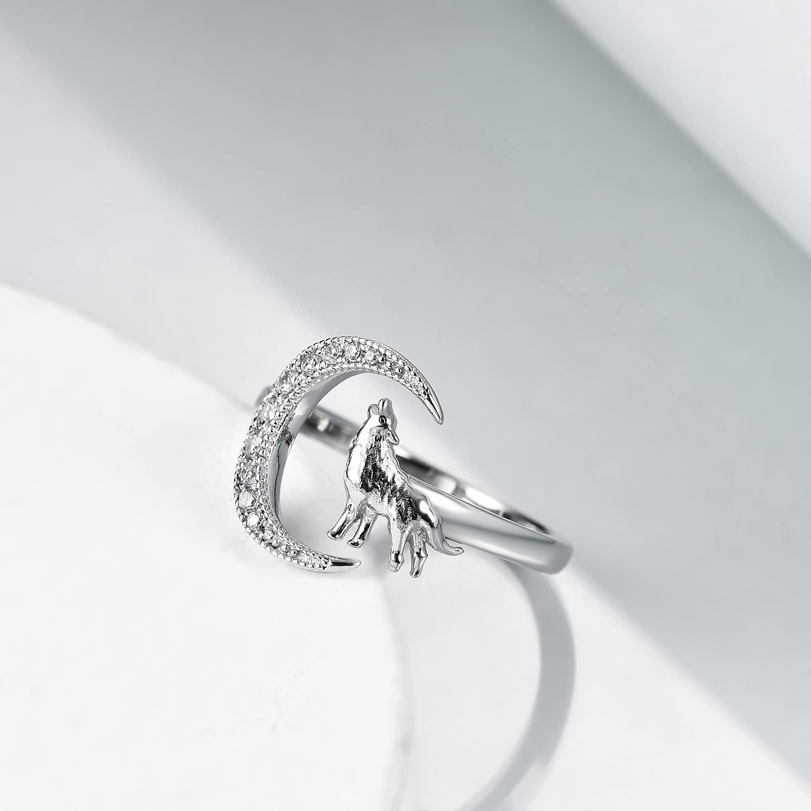 POPLYKE Wolf Moon Ring for Women 925 Sterling Silver Crescent Moon Wolf Ring Jewelry Gifts for Women