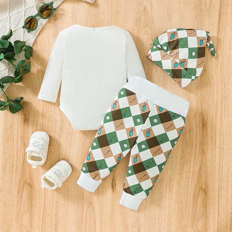 LXXIASHI Daddy 's Golfing Buddy Onesie Romper Toddler Baby Golf Outfit Long Sleeve Sweatshirt Pants Hat Set 3Pcs Fall Clothes (White, 0-6 Months)