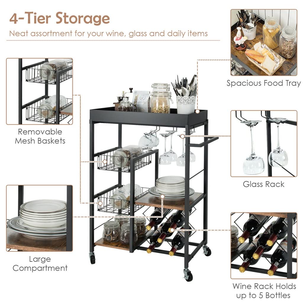 ZHUHW Serving Cart Metal Frame Rolling 4-Tier Kitchen Bar Cart Rolling Wine Rack Removable Tray Basket