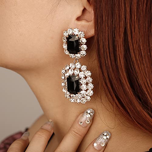 Rumtock Statement Black Gemstones Rhinestones Dangle Drop Silver Earrings for Women Girls Geometric Long Earrings Jewelry