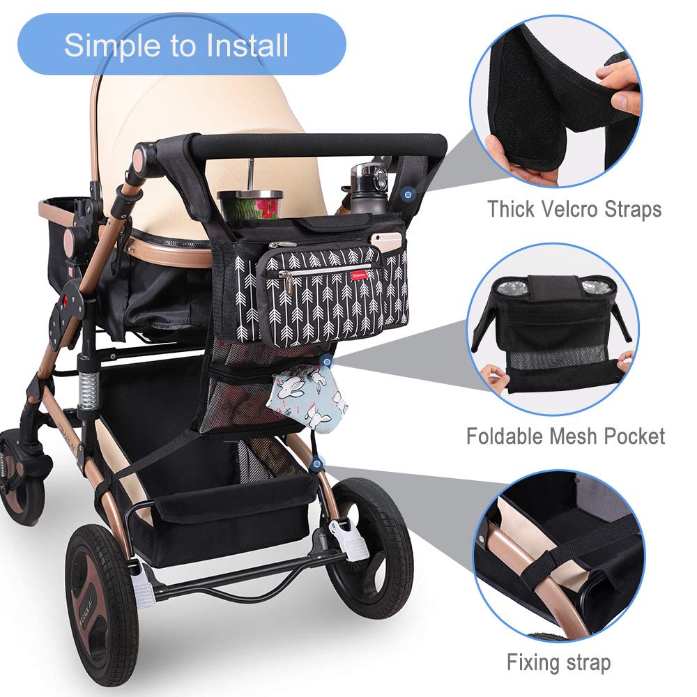 Lekebaby Stroller Organizer with Insulated Cup Holder Universal Stroller Accessories Fits for Stroller like Baby Trend, Baby Jogger, Bugaboo, BOB, Umbrella and Pet Stroller, Black