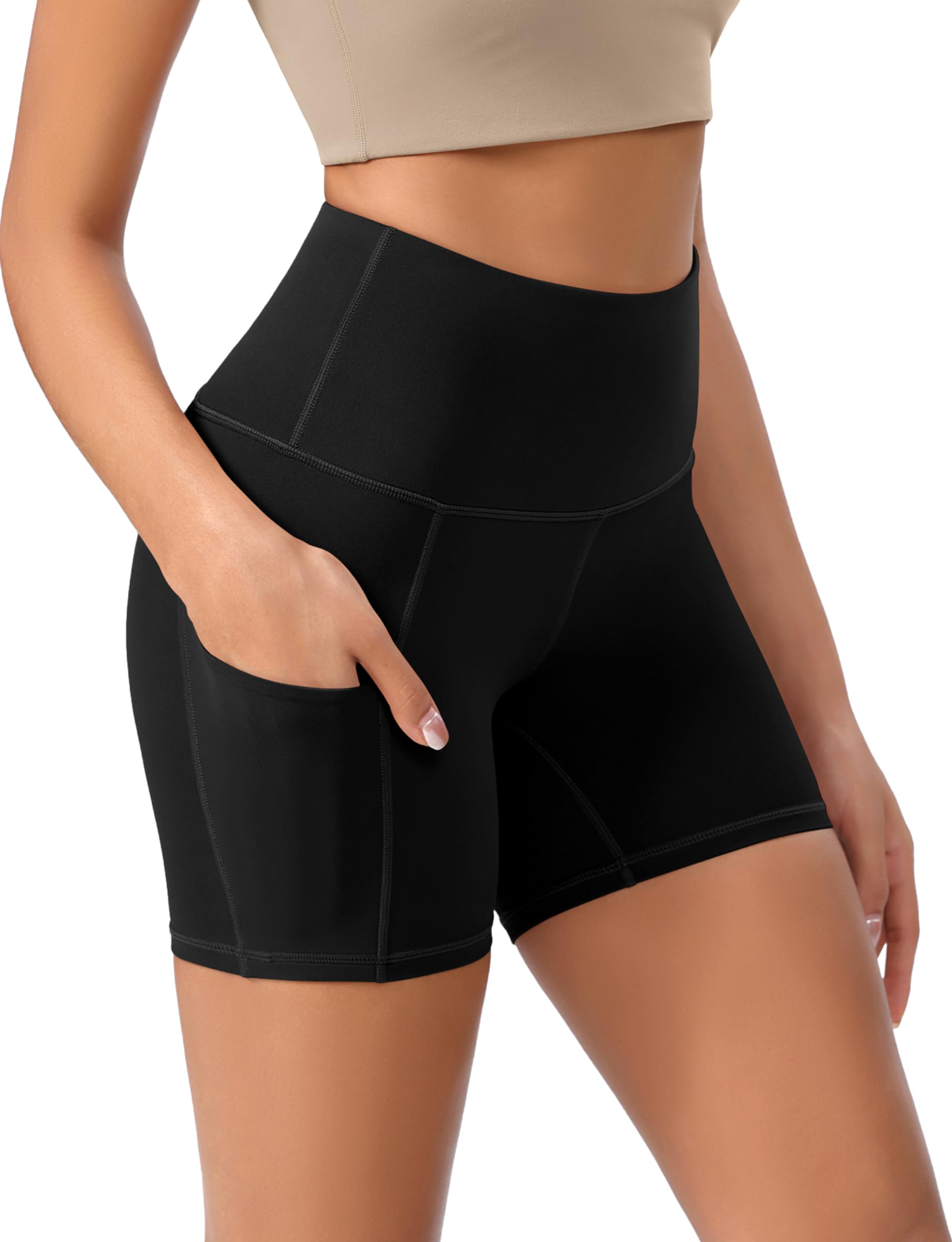ODODOS 5" Tummy Control Yoga Shorts for Women with Pockets High Waist Athletic Workout Biker Shorts, Black, Small
