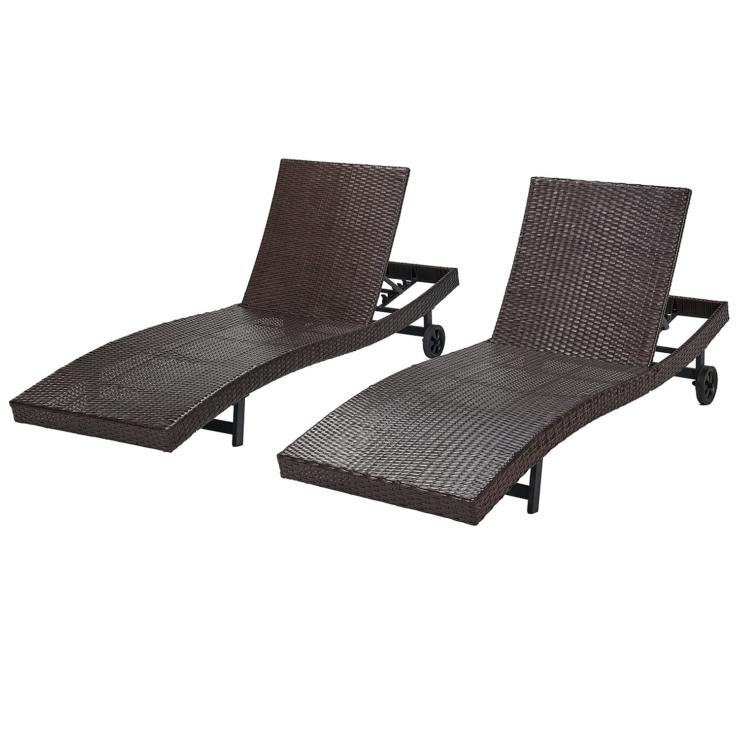 LAUREL CANYON Chaise Lounge Sets with Wheels PE Rattan Adjustable Back Reclining Chair for Patio, Beach, Yard, Pool, Brown
