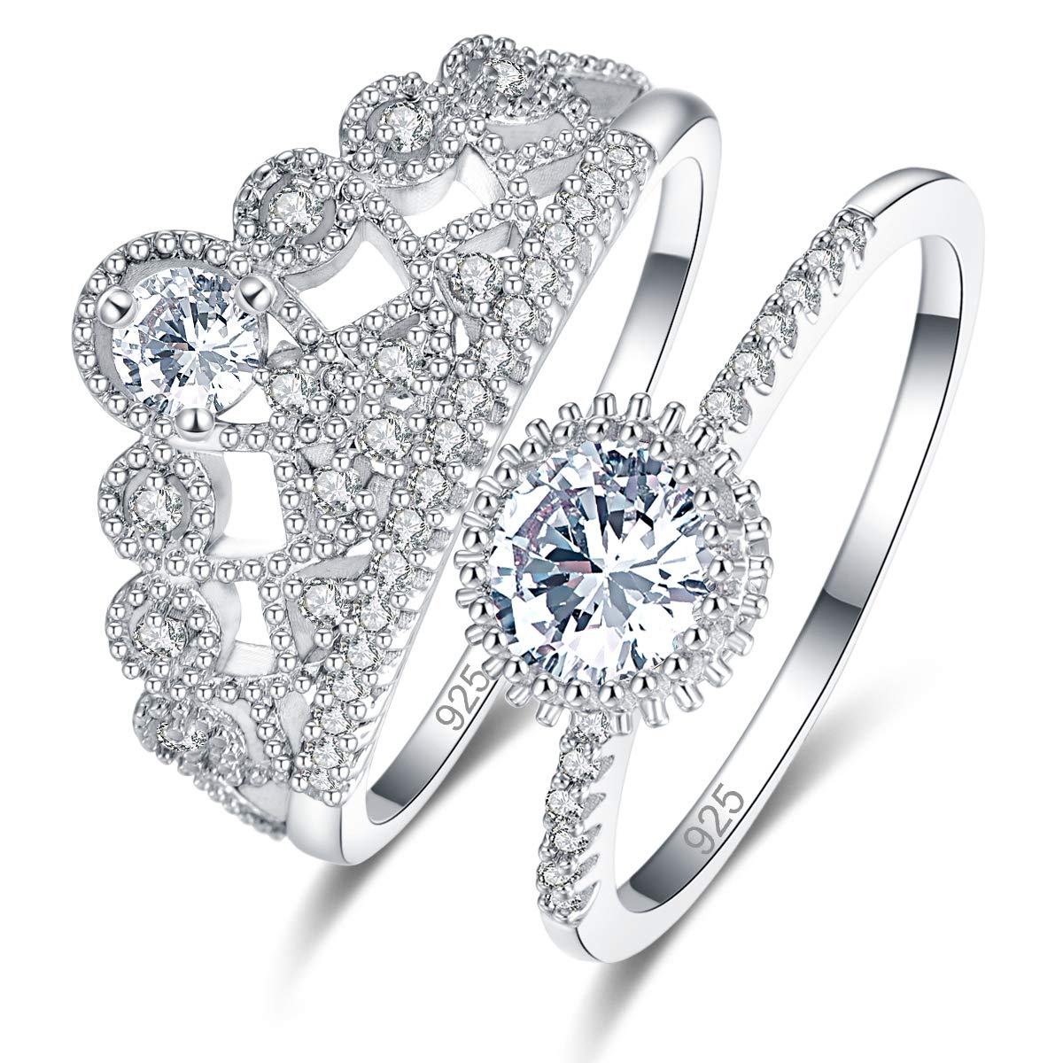 Narica Silver Plated Round Cut Created White Topaz CZ Cubic Zirconia Filled Halo Wedding Engagement Crown Ring 2PCS Women's Band Set for Mom Lover Gift 8#