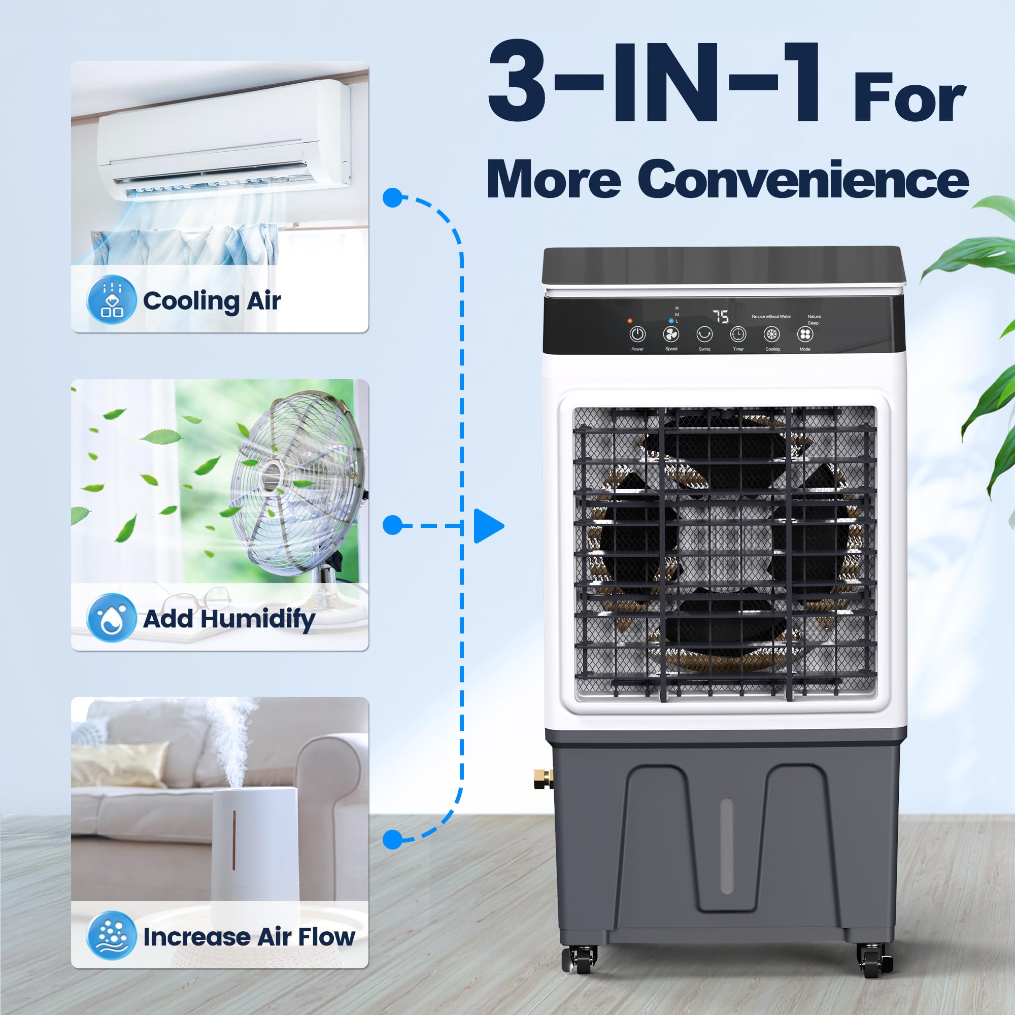 Swamp Cooler, 3800 CFM 3-in-1 Evaporative Air Cooler with 7.6 Gal Water Tank, 120° Oscillation, 3 Speeds 3 Modes, 12 H Timer, Remote, 4 Ice Packs, Portable Air Conditioner for Indoor&Outdoor