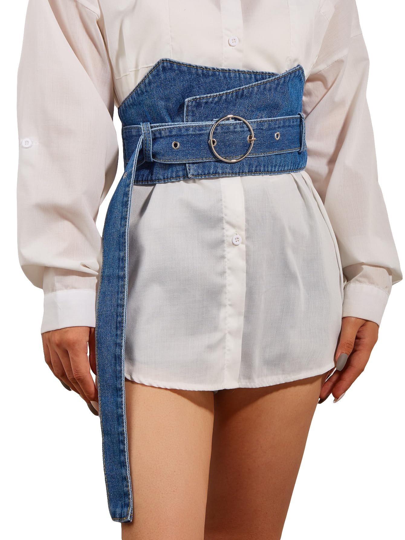 Verdusa Women's Denim Wide Belts Buckle Wrap Waist Cinch Corset Belt Blue 90