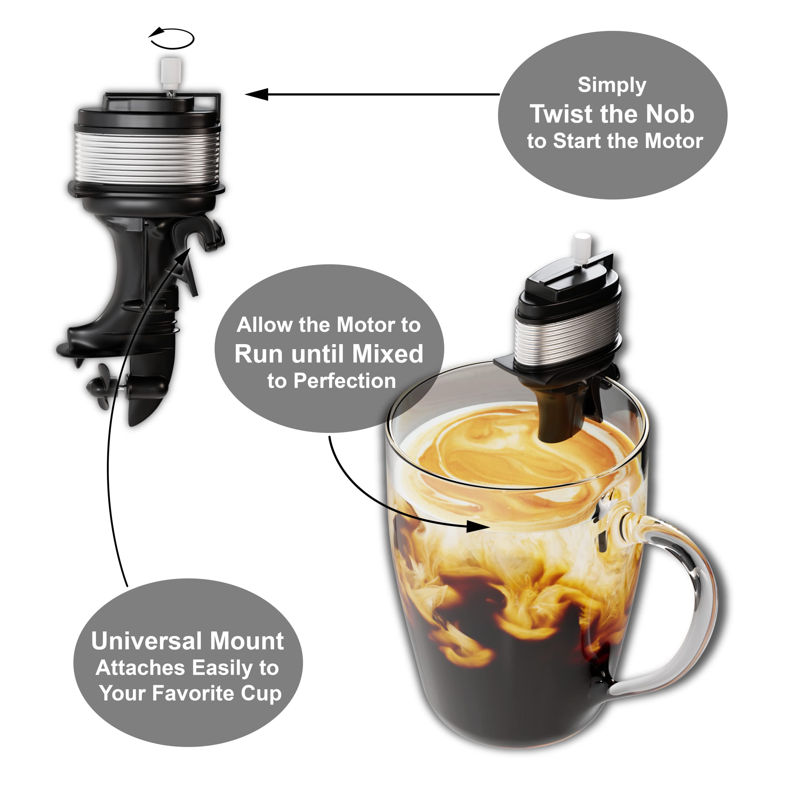 The Motor Mixer by HMC - Wind-Up Outboard Mini Boat Motor Coffee Mixer Novelty Beverage Stirrer for Cups, Mugs, & Glasses Unique Drink Mixing Gadget Toy Perfect Stocking Stuffer or Holiday Gift