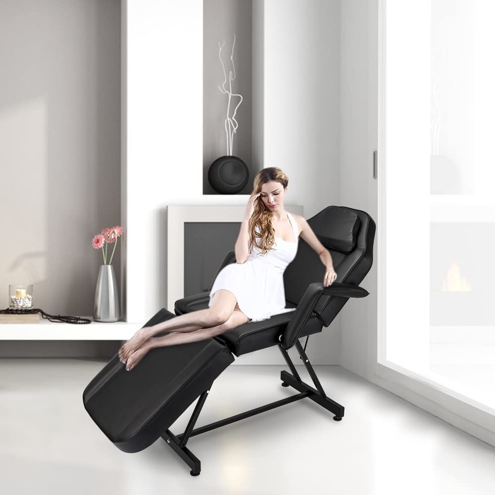 ZHYH 72" Adjustable Beauty Bed Beauty Salon SPA Massage Bed Tattoo Chair with Stool Black