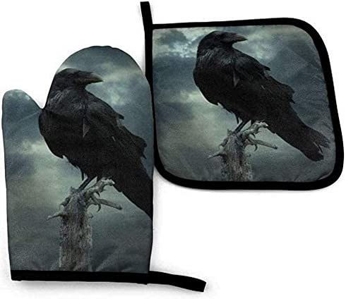 Raven Oven Mitt and Pot Holder Kitchen Set of 2: Heat Resistant Oven Mittens and Hot Pads Potholders for Kitchen