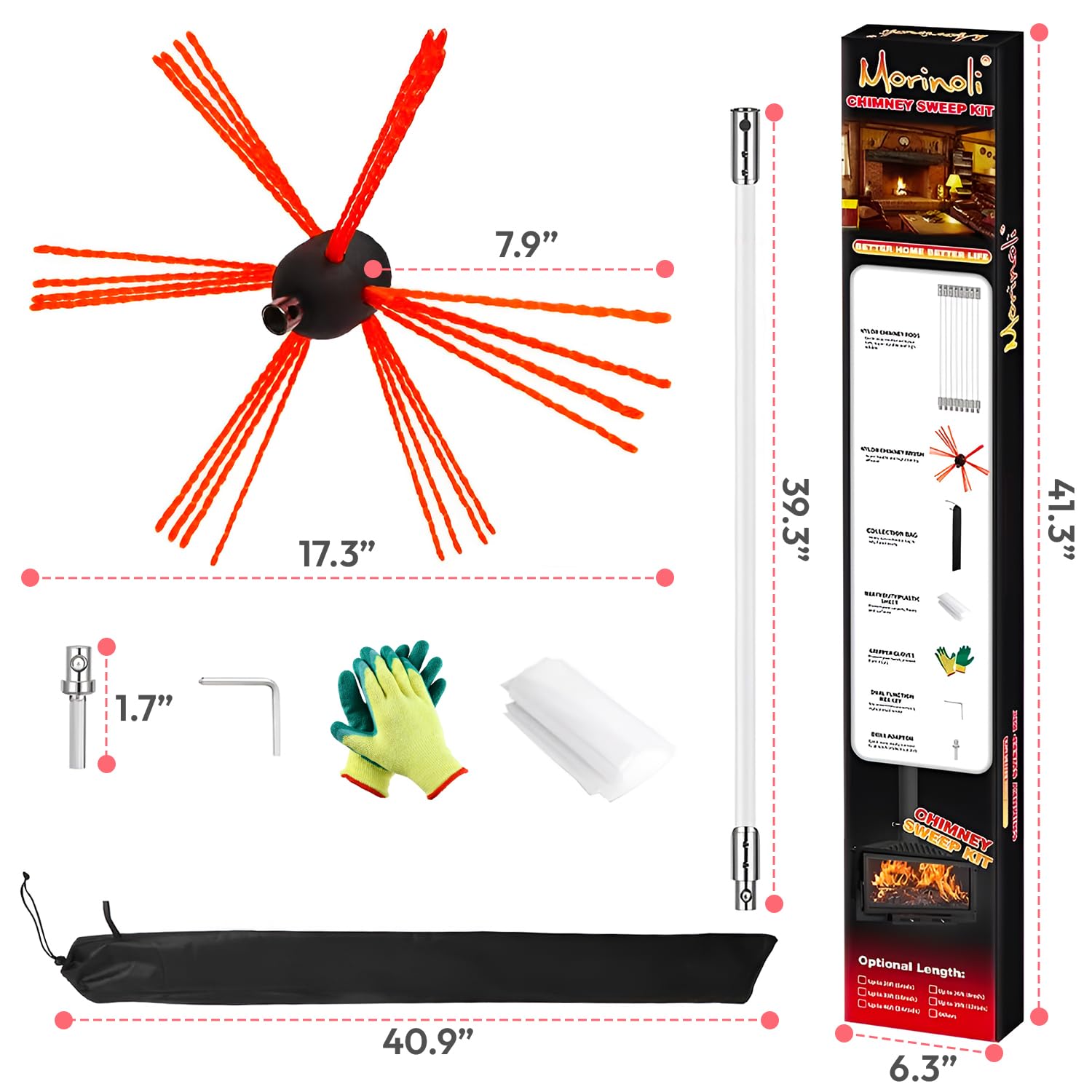 Morinoli 33 Feet Chimney Sweep Kit, Chrome Button Locking System, Chimney Cleaning Kit, Chimney Brush, Chimney Cleaning Tool, Chimney Cleaning System with 10 Flexible Chimney Rods