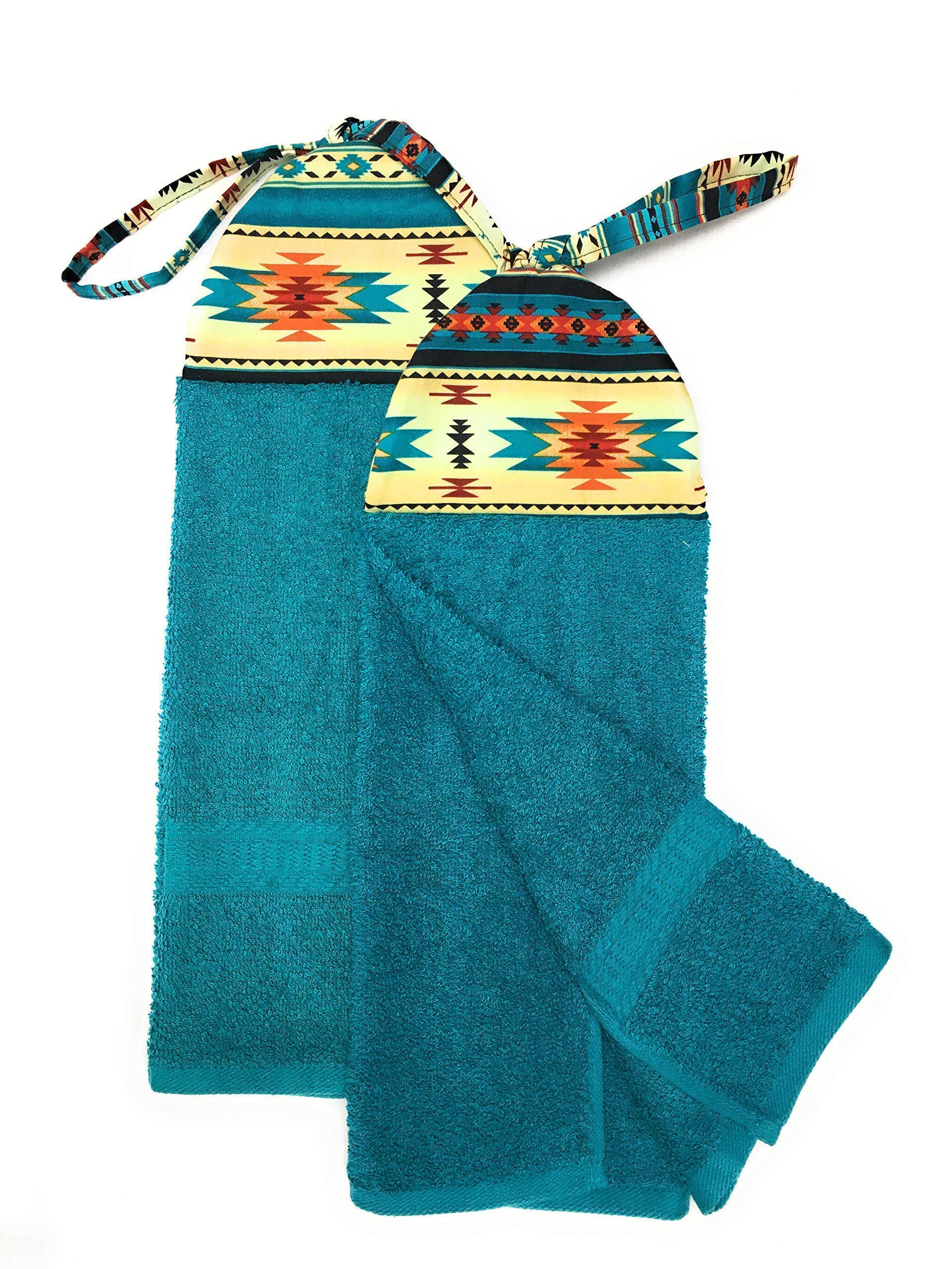 Set of 2 Southwest Black Teal Orange on Cream Ties On Stays Put Kitchen Hanging Loop Hand Dish Towels