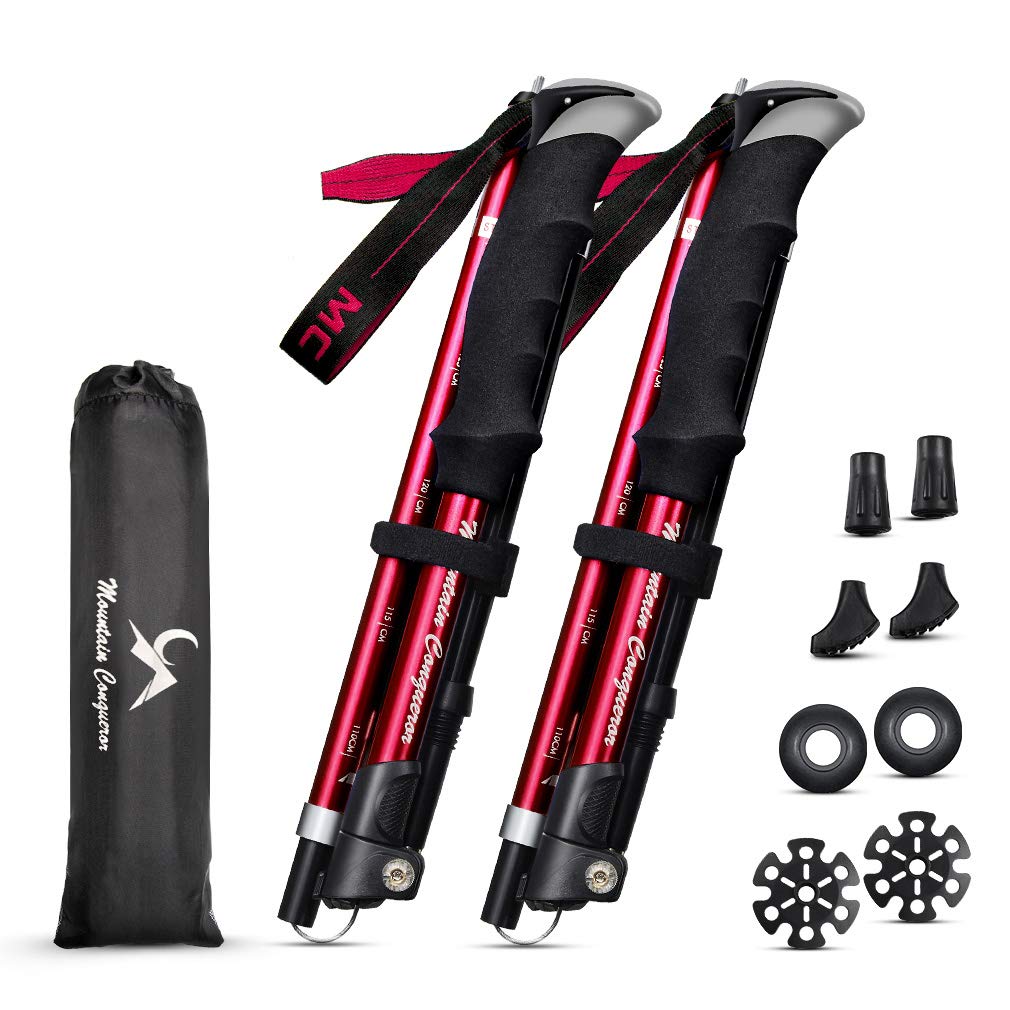MC Trekking Poles Red Collapsible,2-pc-Pack,Lightweight 7075 Aluminum Adjustable 42β/51β for Hiking Camping Mounting Trail