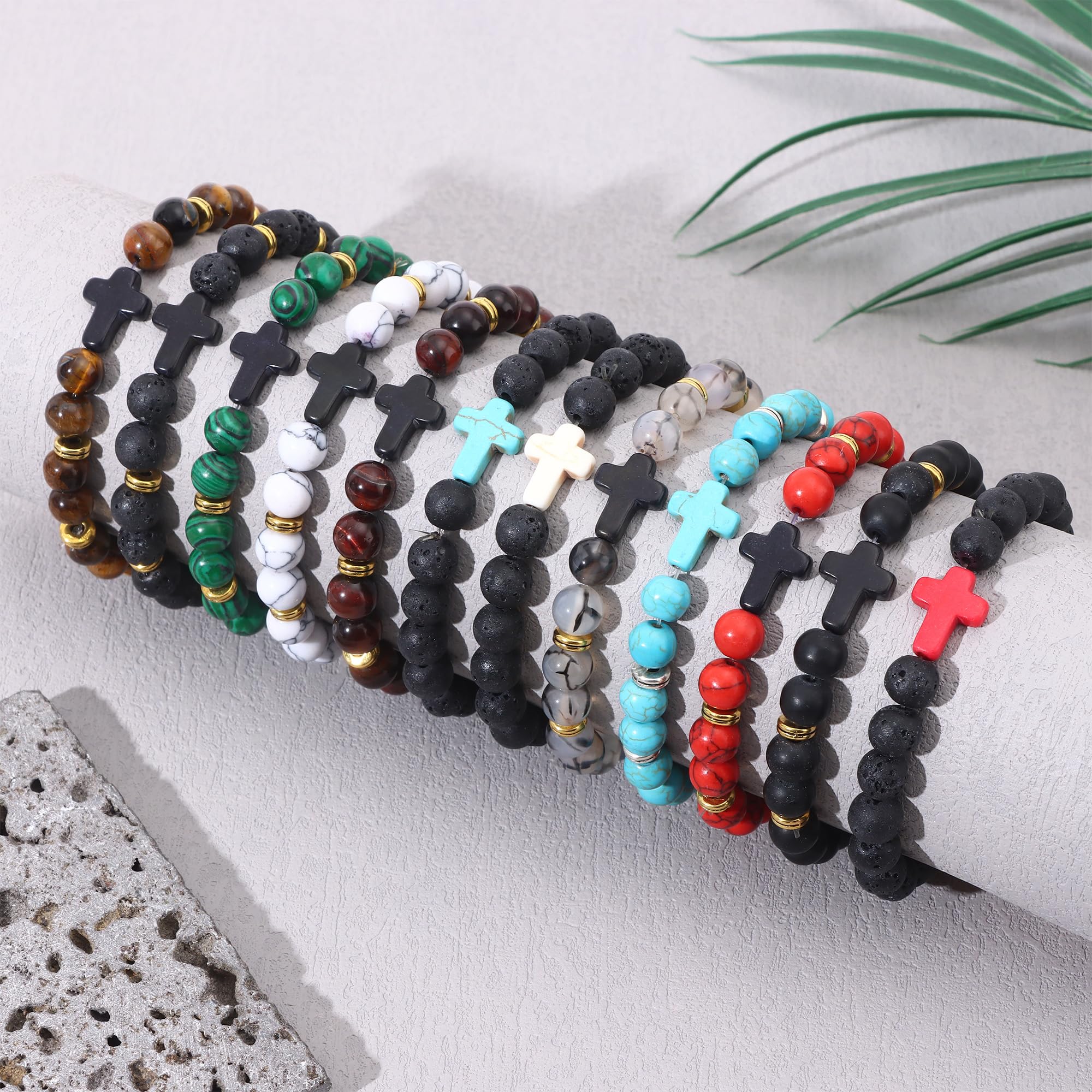 MOZAKA 12Pcs 8MM Cross Beads Bracelet for Men Women Lava Rock Tiger Eye Stone Howlite Stone Stretch Elastic Bracelet Set