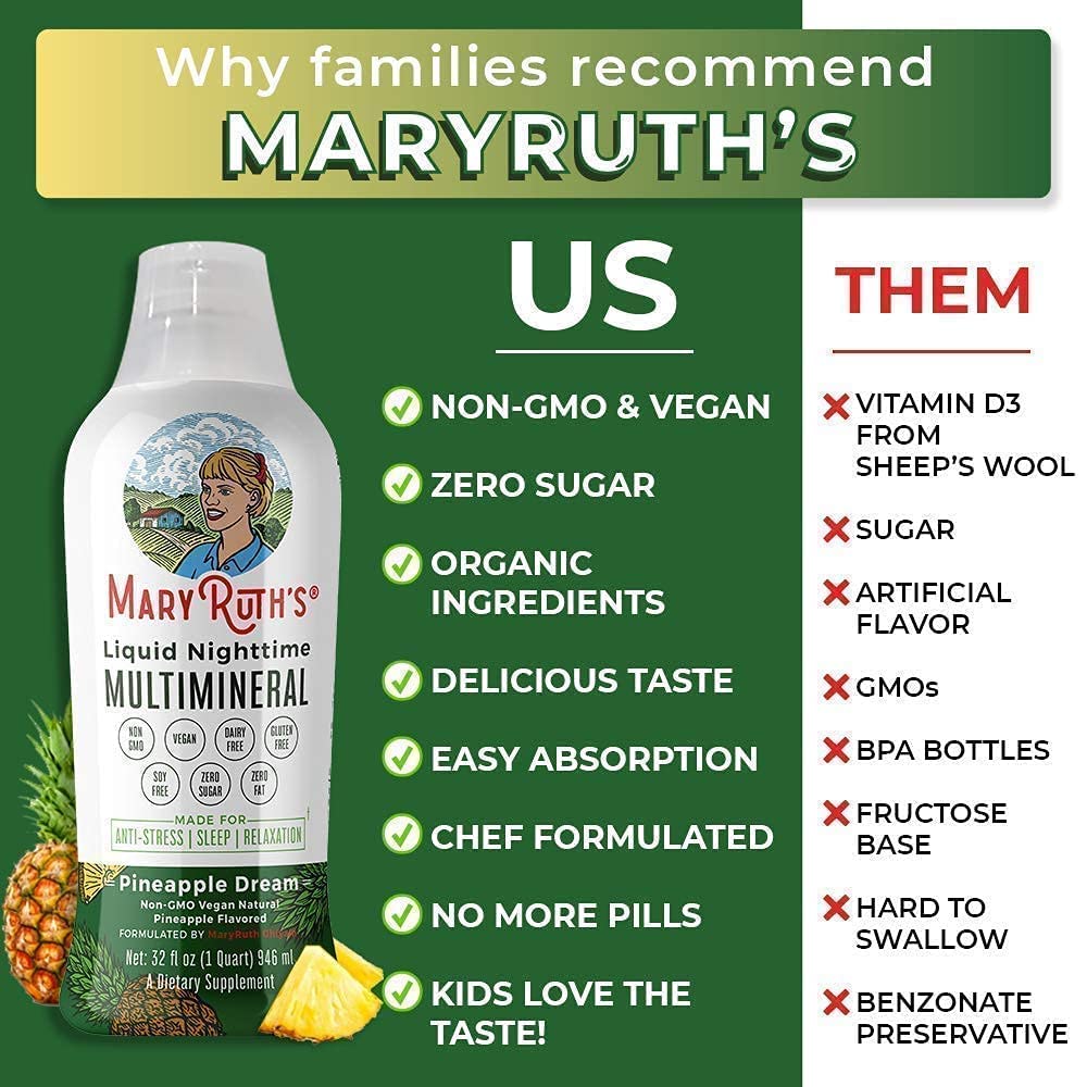 Morning Multivitamin Raspberry & Nighttime Multimineral Pineapple Bundle by MaryRuth's | Vegan Vitamin A, B, C, D3, E & Amino Acids | Vitamins for Immune Support, Digestion, Focus & Energy | Magnesium