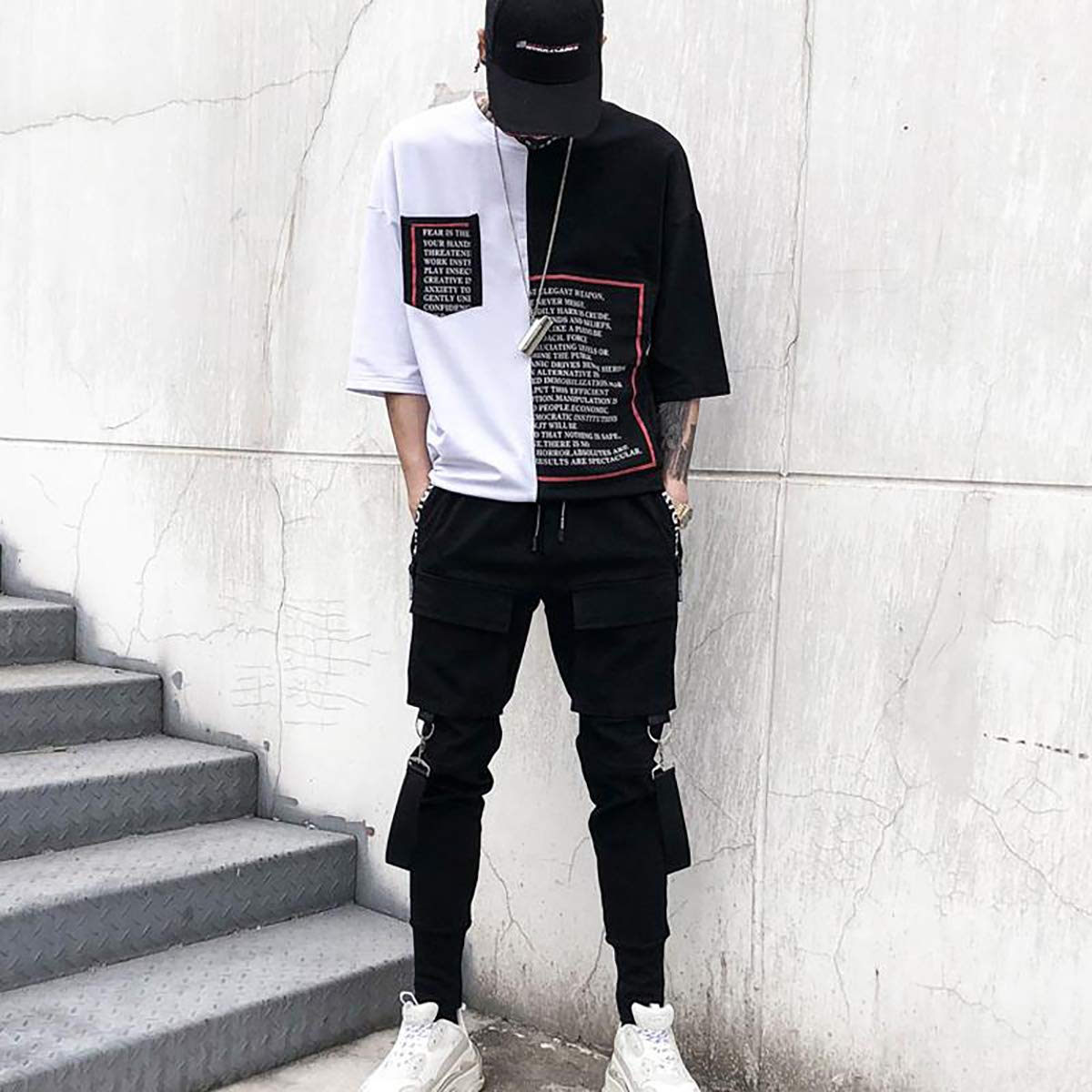 Niepce Inc Streetwear Multi-Pocket Black Strap Men's Techwear Pants (S)