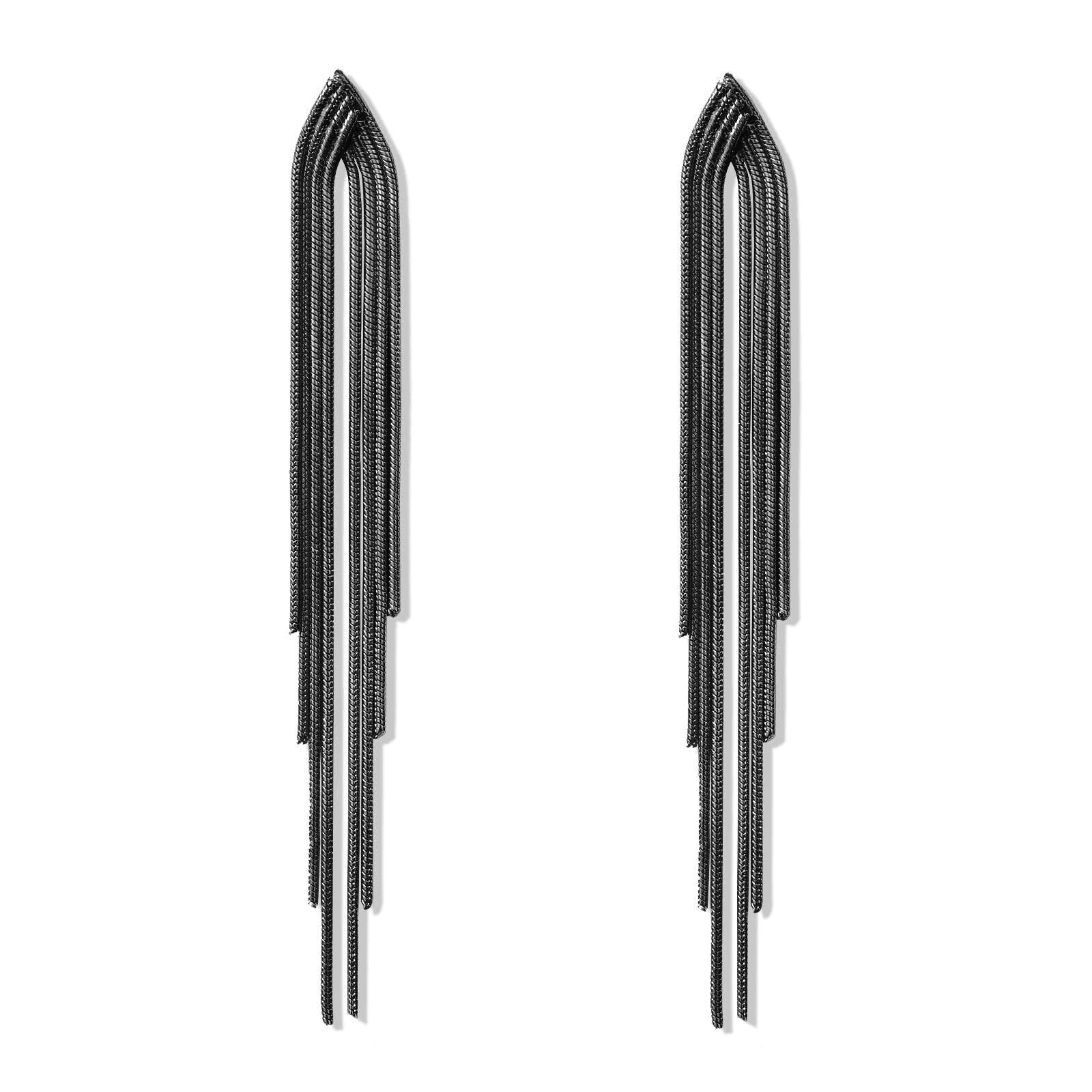 Long Black Earrings for Women Dangling Tassel Earrings Long Metal Chain Tassel Dangle Earrings Black Fringe Earrings Geometric Earrings Bridesmaid Jewelry