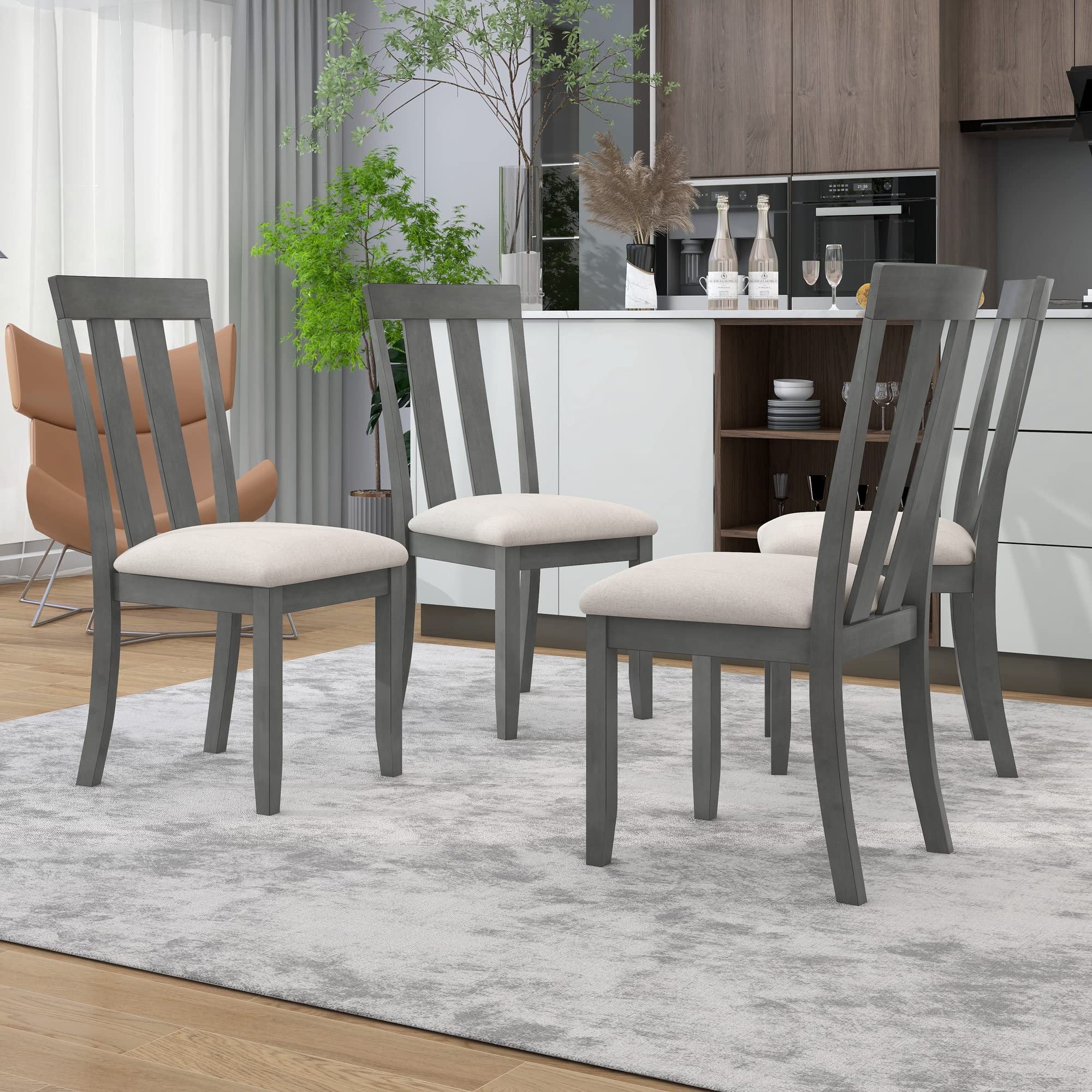 Merax Dining Chairs Set of 4, Fabric Padded Dining Chairs with Seat Cushions and Curved Back, Dining Chairs with Solid Wood Legs for Dining Room, Living Room, Bedroom (Gray)