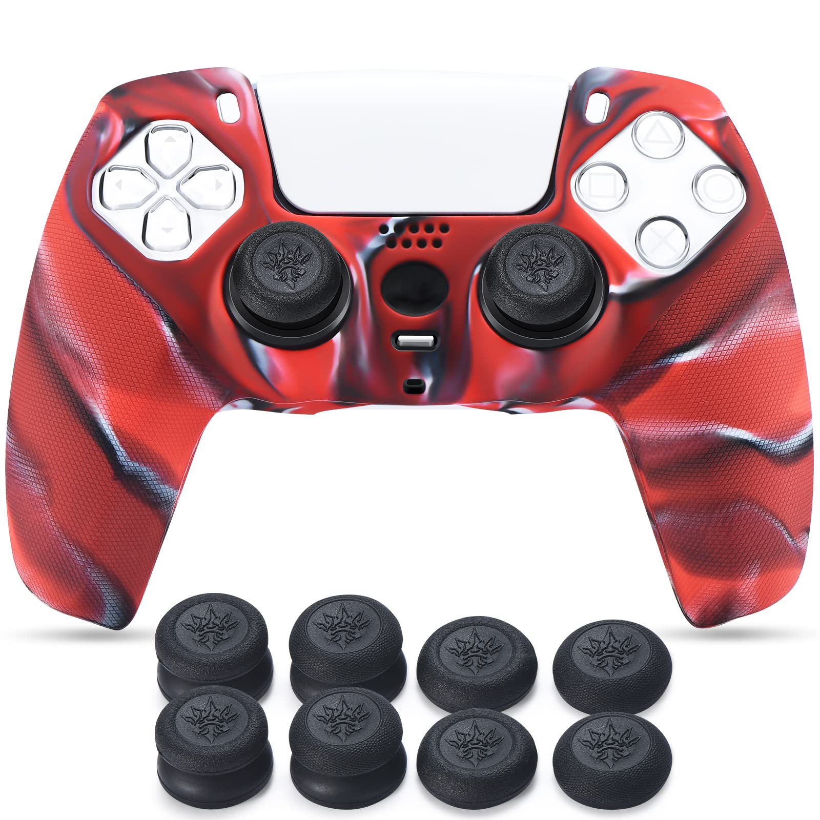 Pandaren Grip Texture Silicone Skin for PS5 Dualsense Controller x 1 Camouflage red with Pro Thumb Grips x 8