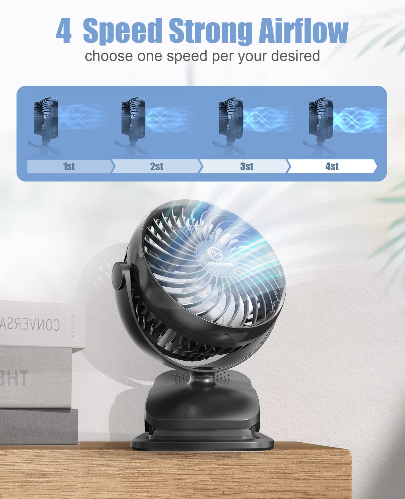 LEMOISTAR AA Battery Operated Clip on Fan, Stroller Fans, USB Powered Portable Desk Fan 4 Speeds Personal Golf Cart, Small Table Fan, Wireless, for Camping Hurricane Office Bed-Black