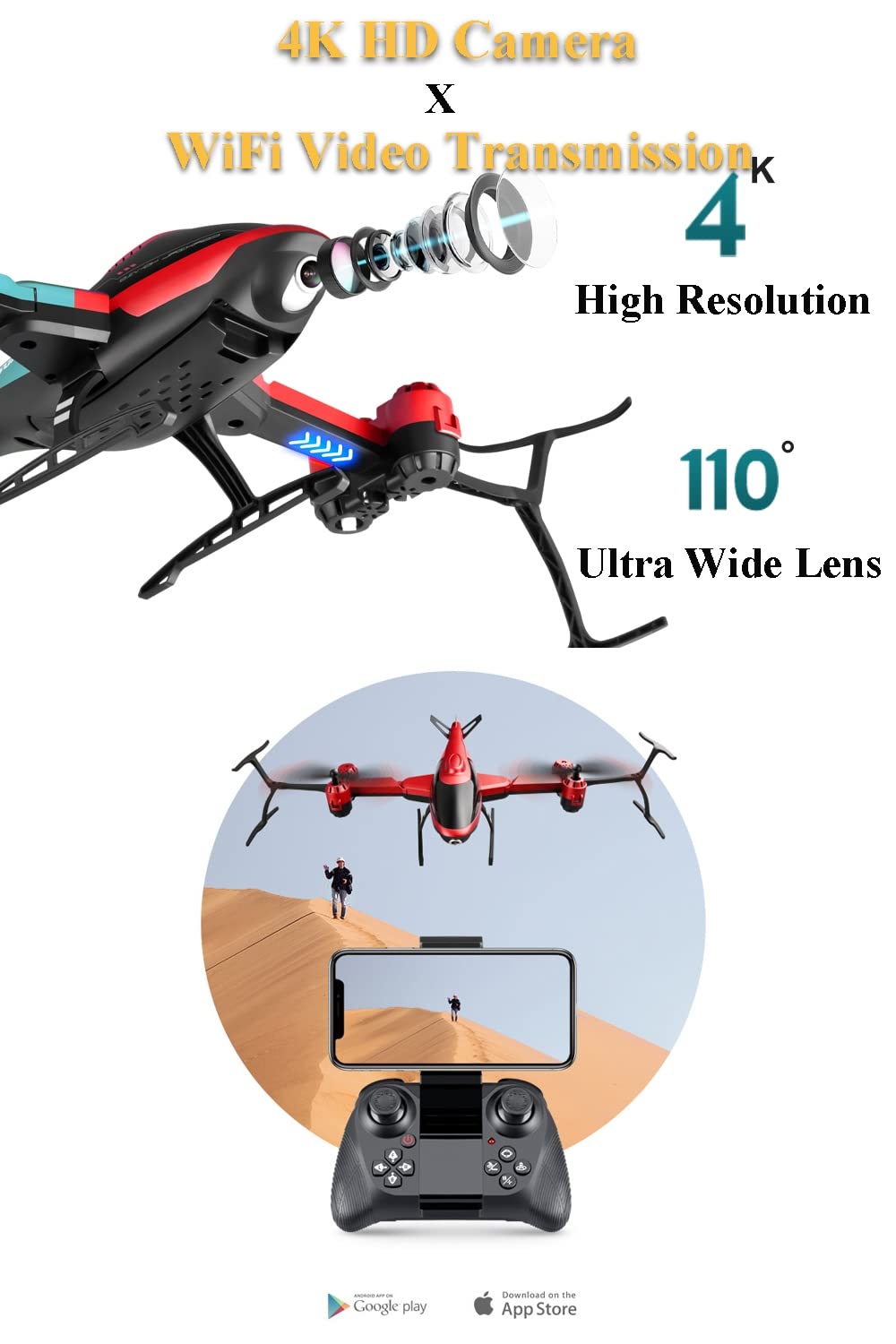 NEXTAKE Remote Control Drone, Foldable RC Aircraft 2 Motors RC Fighter 6 Channel RC Plane 2.4GHz RC Helicopter UAV for Beginner with 4K HD Camera, Modular Battery (Blue-with 4K HD Camera)