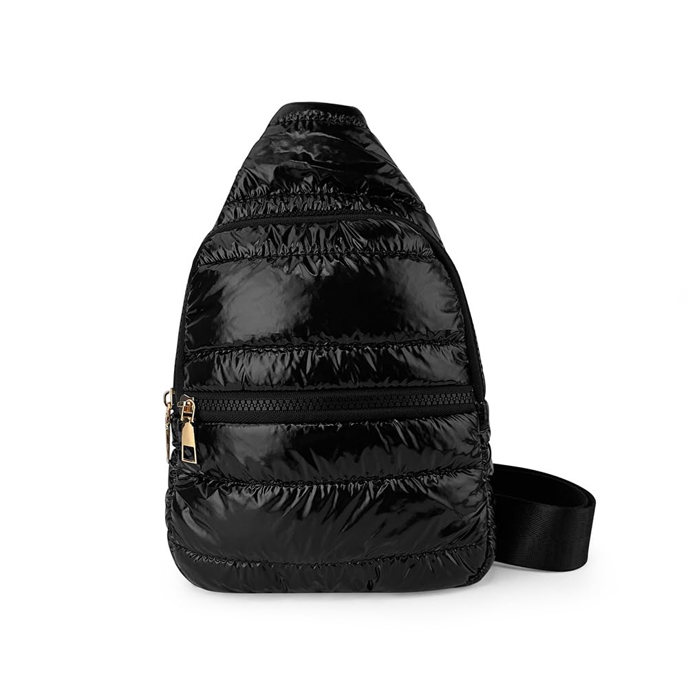 Puffy Sling Bag for Women Men Unisex Quilted Sling Bag Puffer Chest Bag Crossbody Daypack Travel Hiking Small Chest Bag (Black)