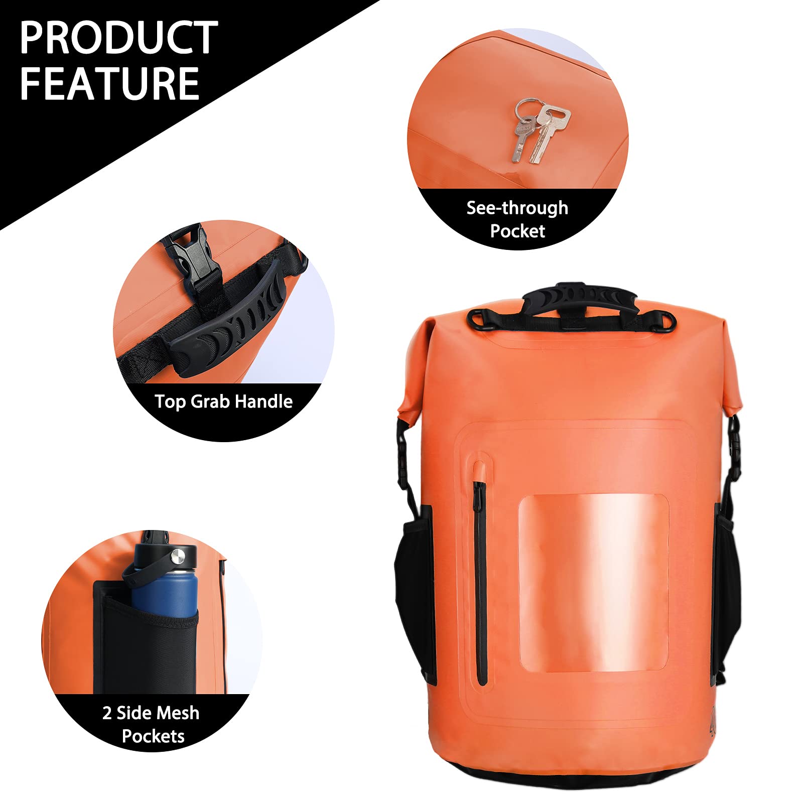 Nepest Waterproof Dry Bag Heavy Duty Roll Top Floating Dry Backpack with Easy Access Front Zipper Pocket for Kayaking,Boating,Rafting,Hiking,Camping,Beach,Orange 40L