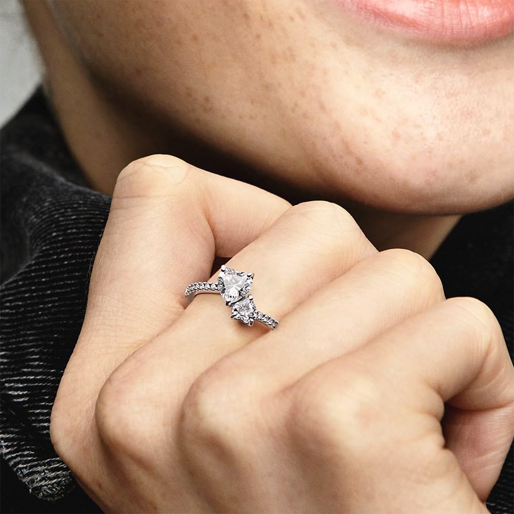 Pandora Double Heart Sparkling Ring - Sterling Silver Ring for Women - Gift for Her - Sterling Silver with Clear Cubic Zirconia - Size 6